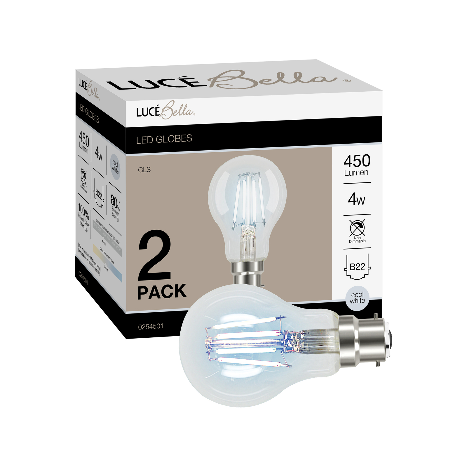 Luce Bella Gls Filament B22 Led 450lm Cool White 4w Globe 2 Pack