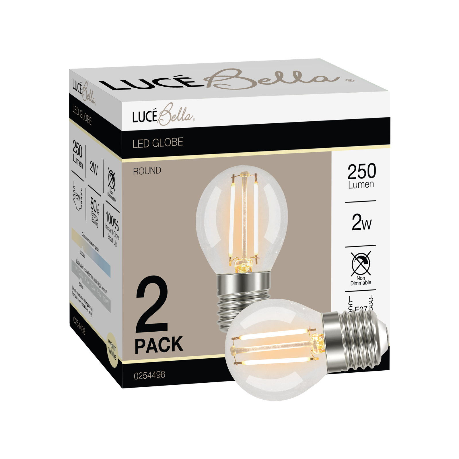 Luce Bella Round Filament E27 LED 250lm Warm White 2W Globe - 2 Pack ...