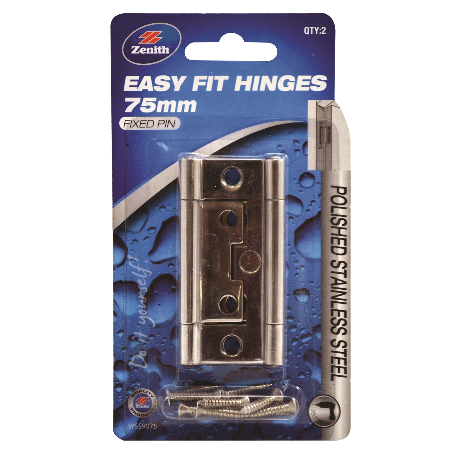 Zenith Easy Fit Hinge 75mm 2pk Fixed Pin Polished Stainless Steel ...