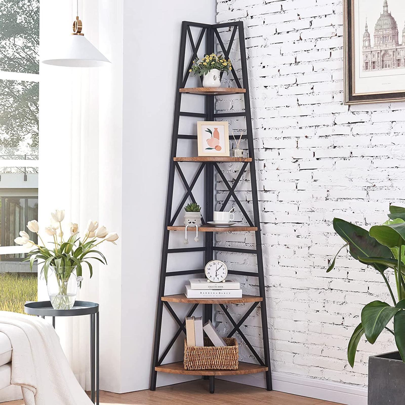 HOMFURN 5-Tier Industrial Corner Shelving Unit,Vintage Look with Metal ...
