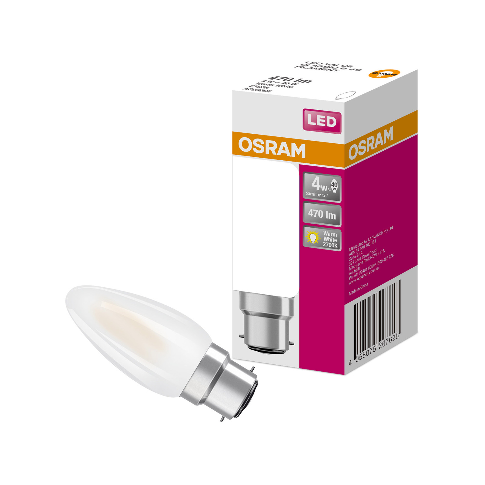 Osram 4W 470lm Frosted Warm White Filament LED B22 Candle Light Globe - Bunnings Australia