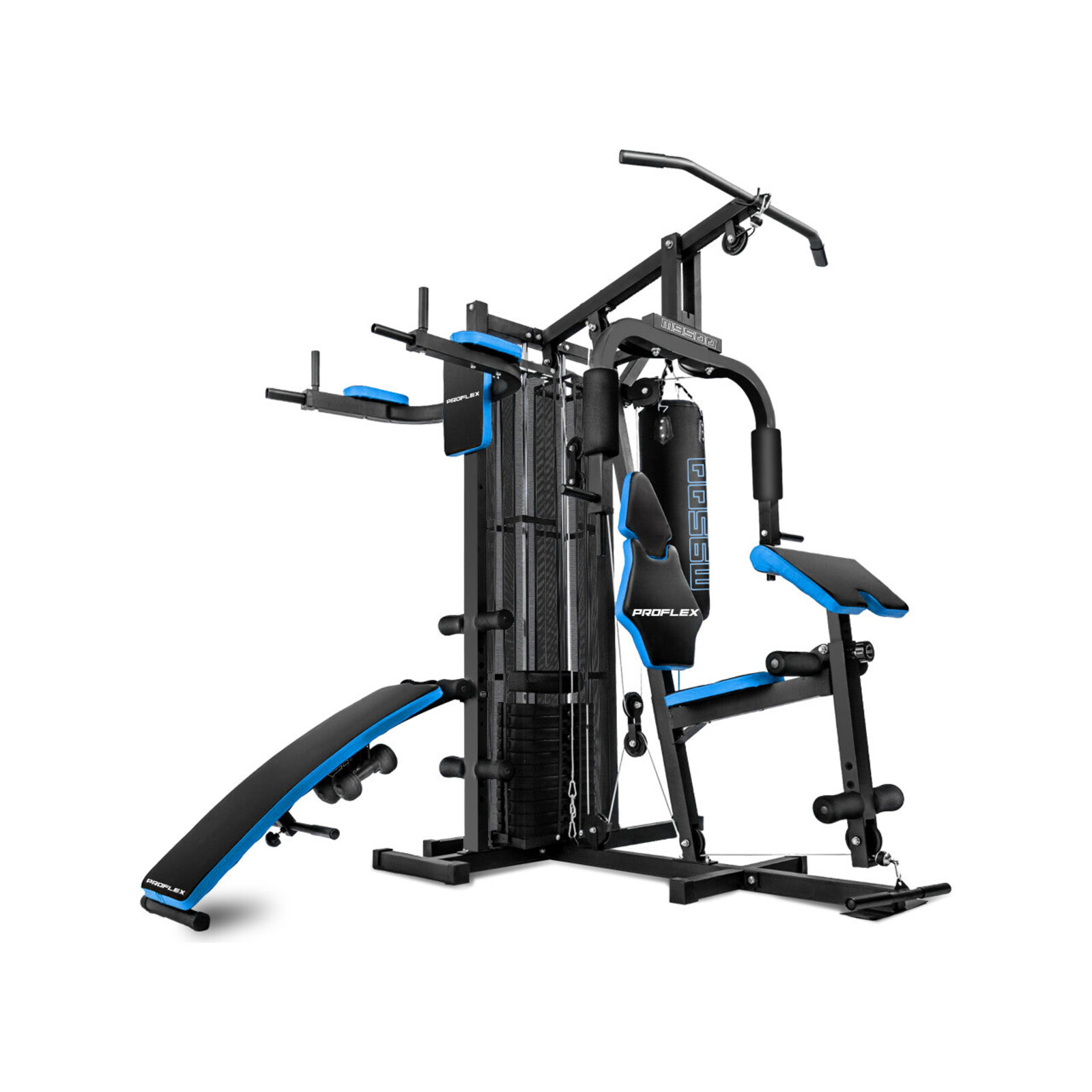 PROFLEX Blue Multi Station Home Gym Set with 125lbs Plates & Boxing Bag ...