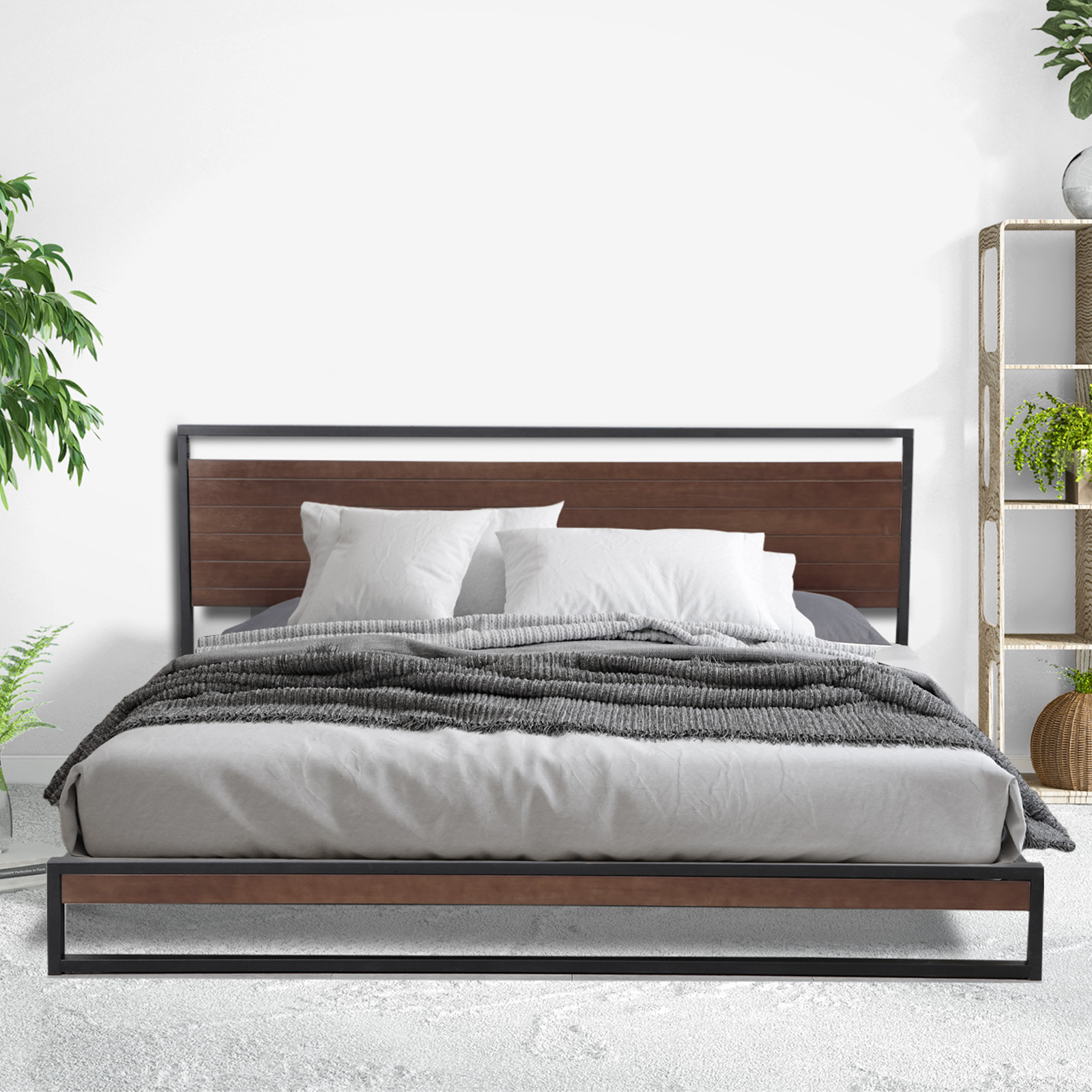 Platform Bed Double - Black - Azure Bed Frame with Headboard - Bunnings Australia