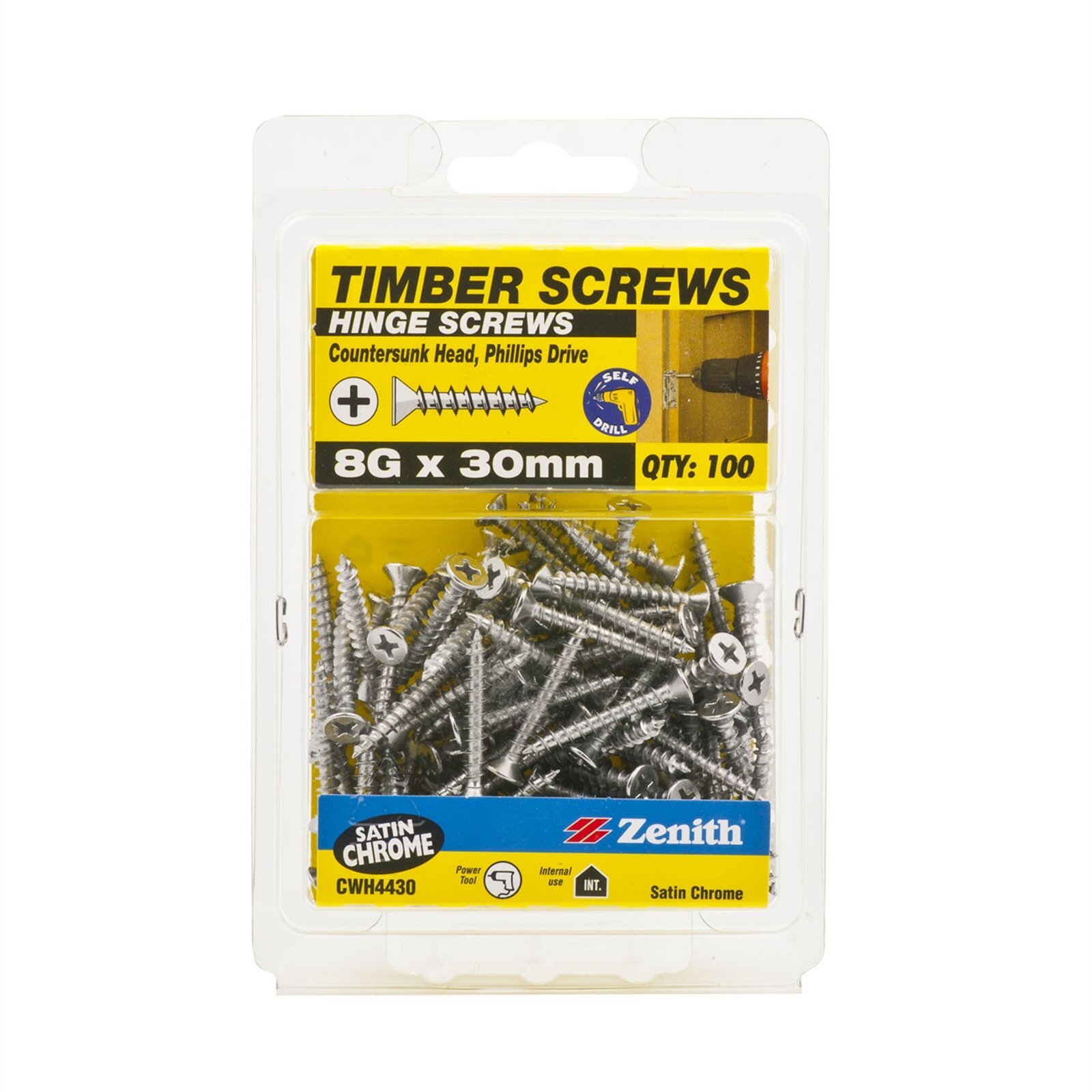 Zenith 8G x 30mm Satin Chrome Countersunk Head Hinge Timber Screws ...