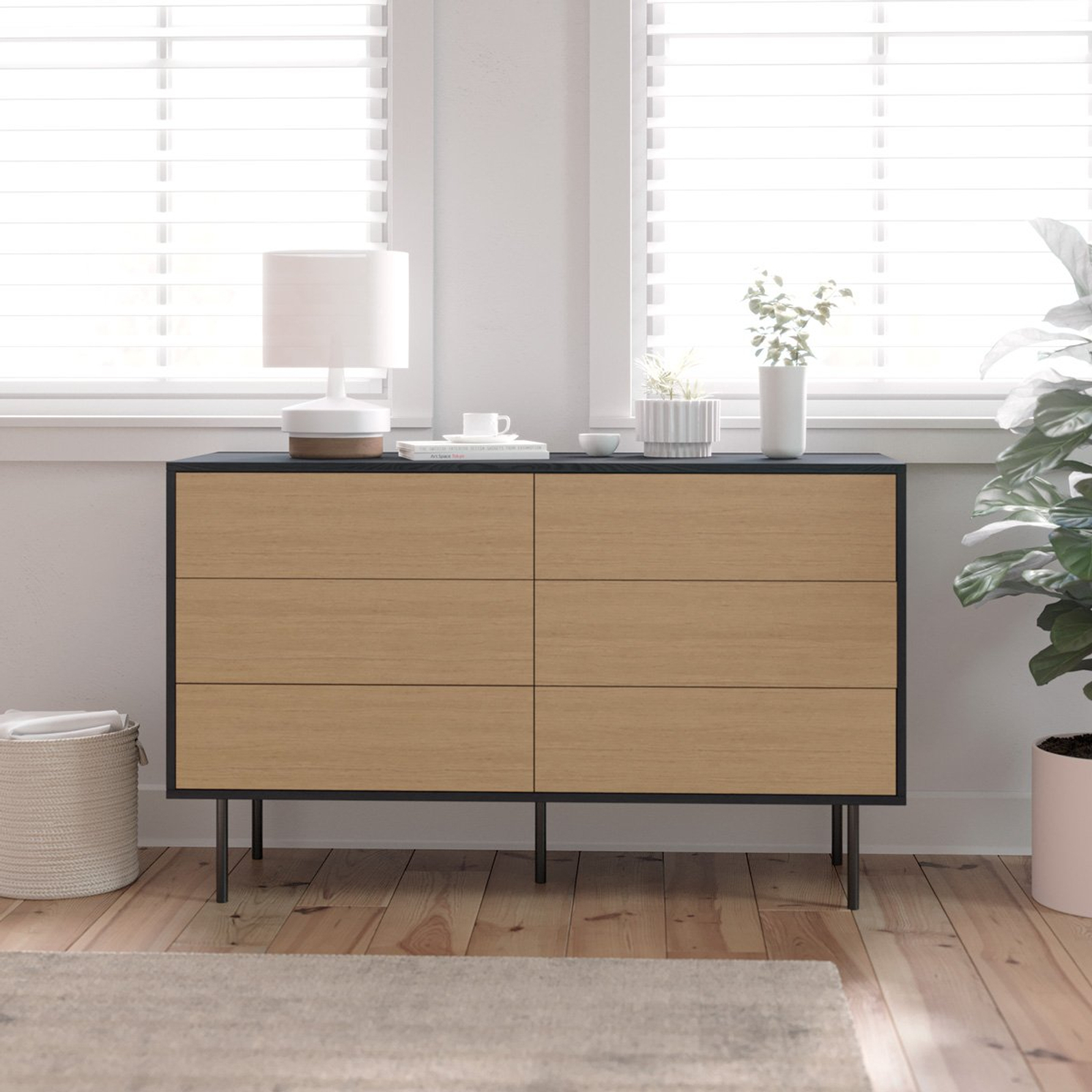 Black Six Drawer Wooden Lowboy Unit with Metal Legs - Bunnings Australia