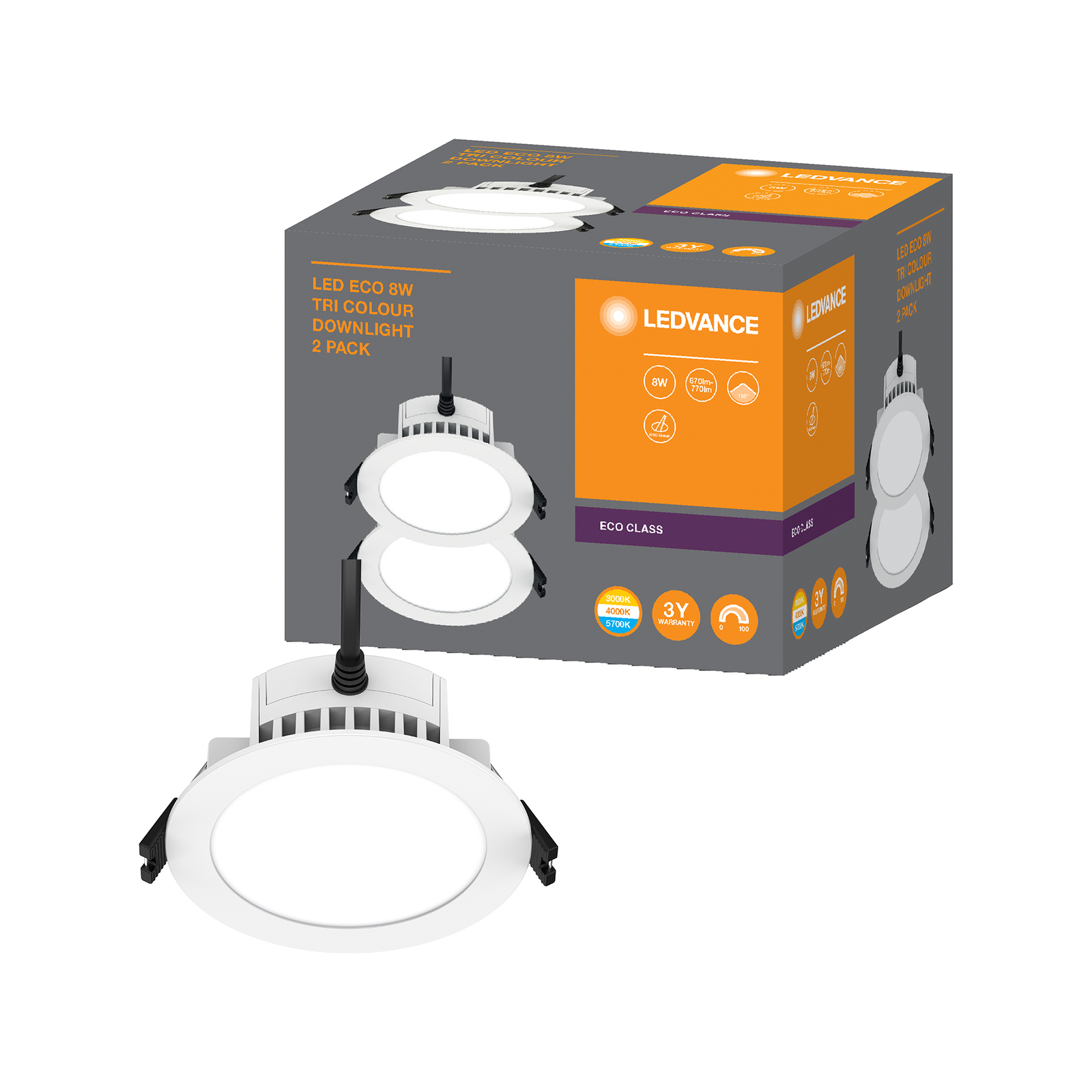 Ledvance 8W 240V 700-800lm Fixed Tri-Colour LED Downlight - 2 Pack ...