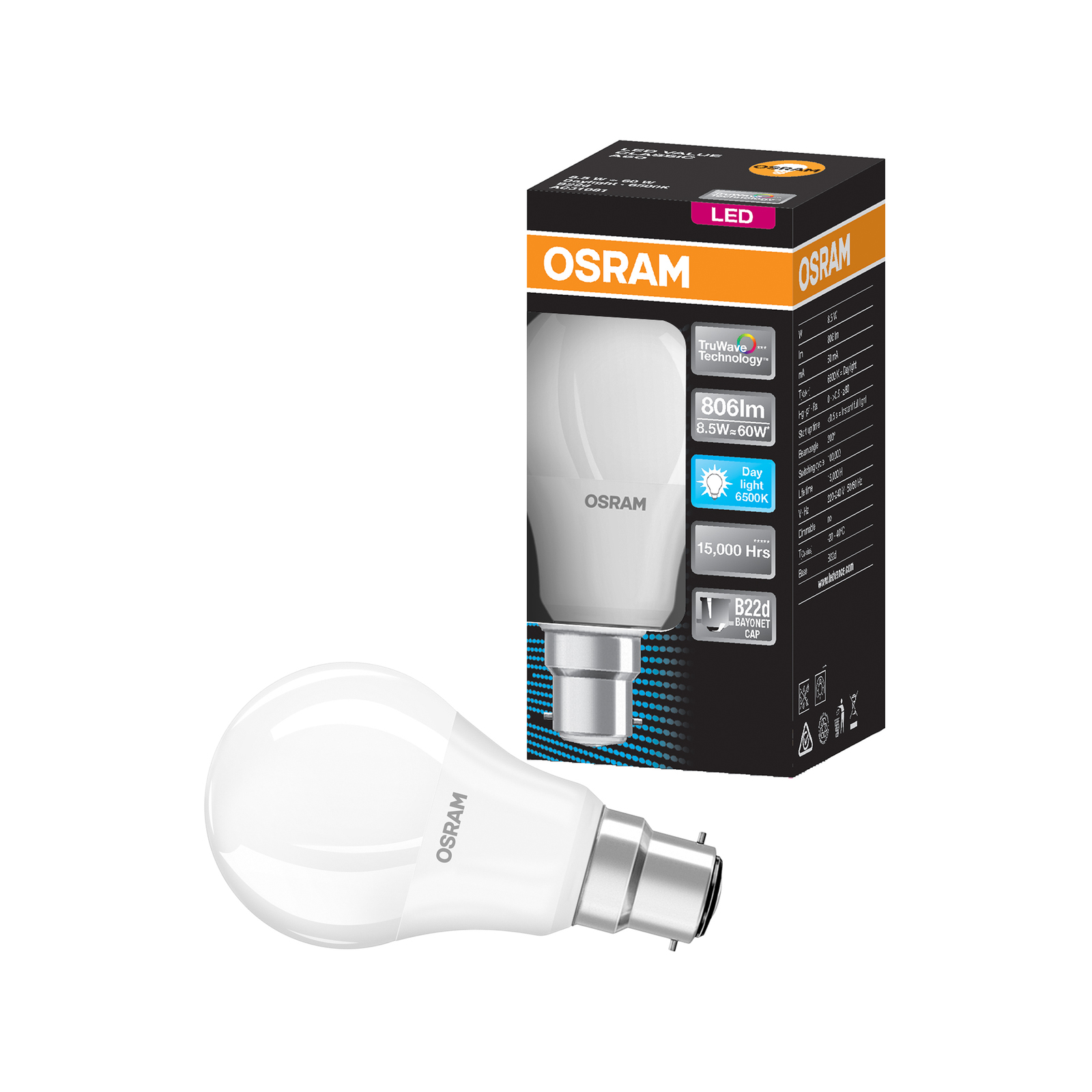 Osram 8.5W 806lm Frosted Daylight A Shape LED B22 Light Globe - Bunnings Australia