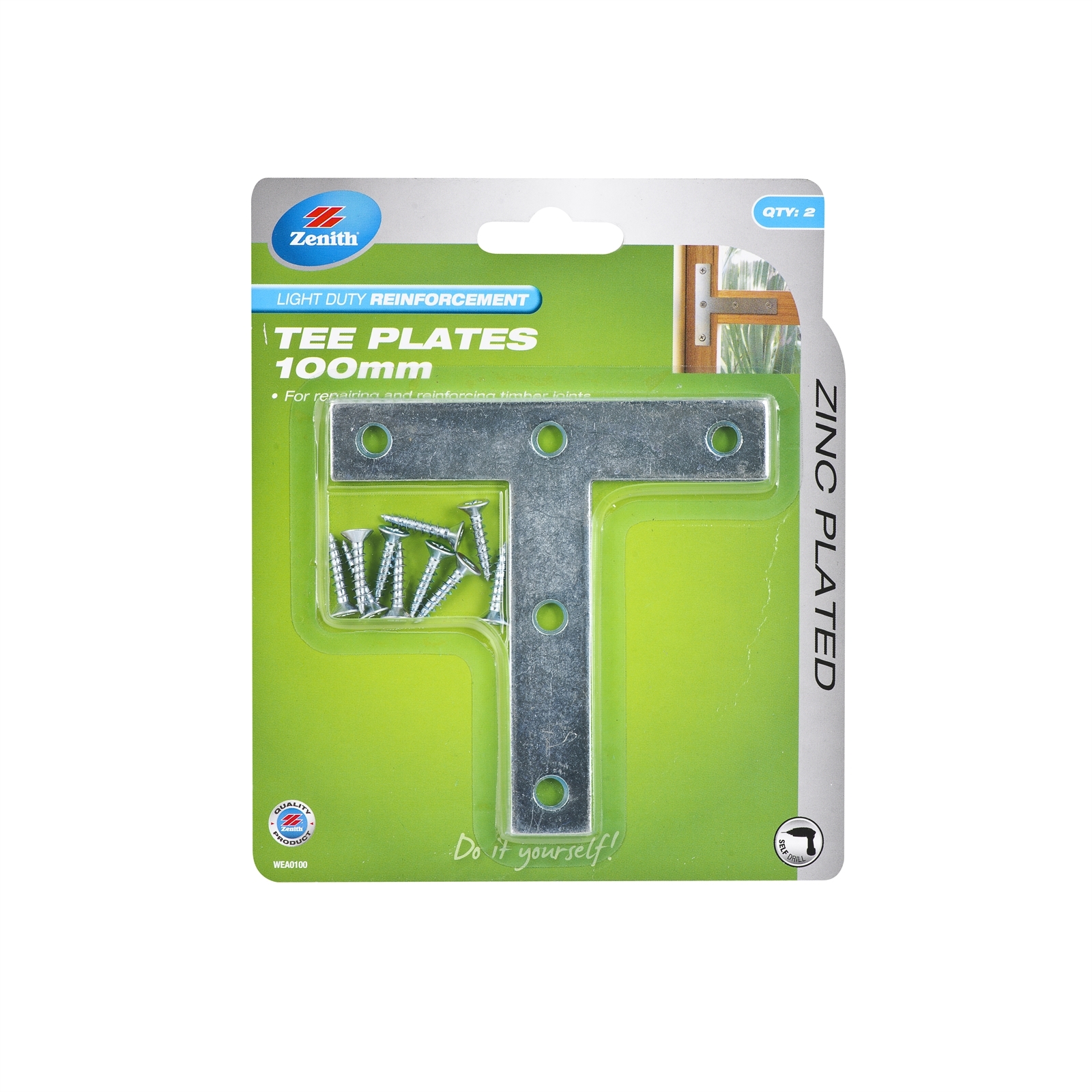 Zenith 100mm Zinc Plated Mending Tee Plates - 2 Pack - Bunnings Australia
