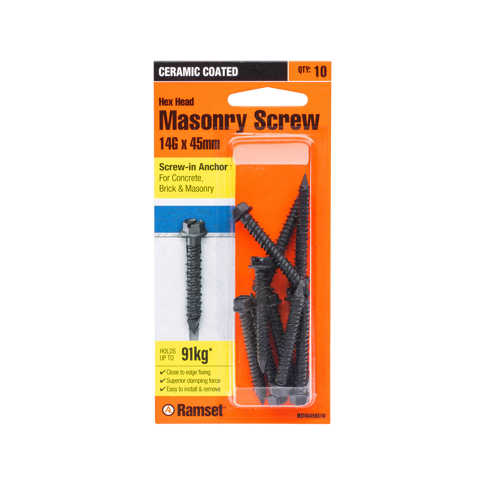 Ramset 14g x 45mm Black Hex Head Masonry Screw - 10 Pack - Bunnings New ...