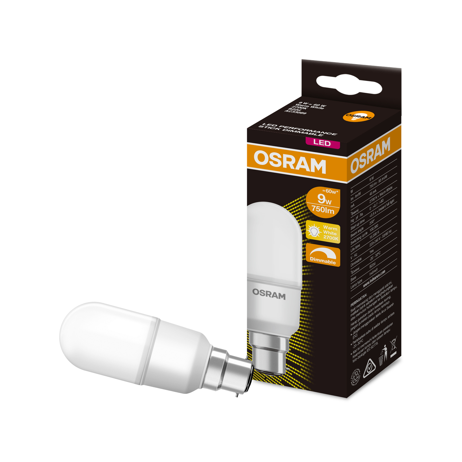 Osram Stick BC LED 750lm Warm White 9W Dimmable Light Globe - Bunnings Australia