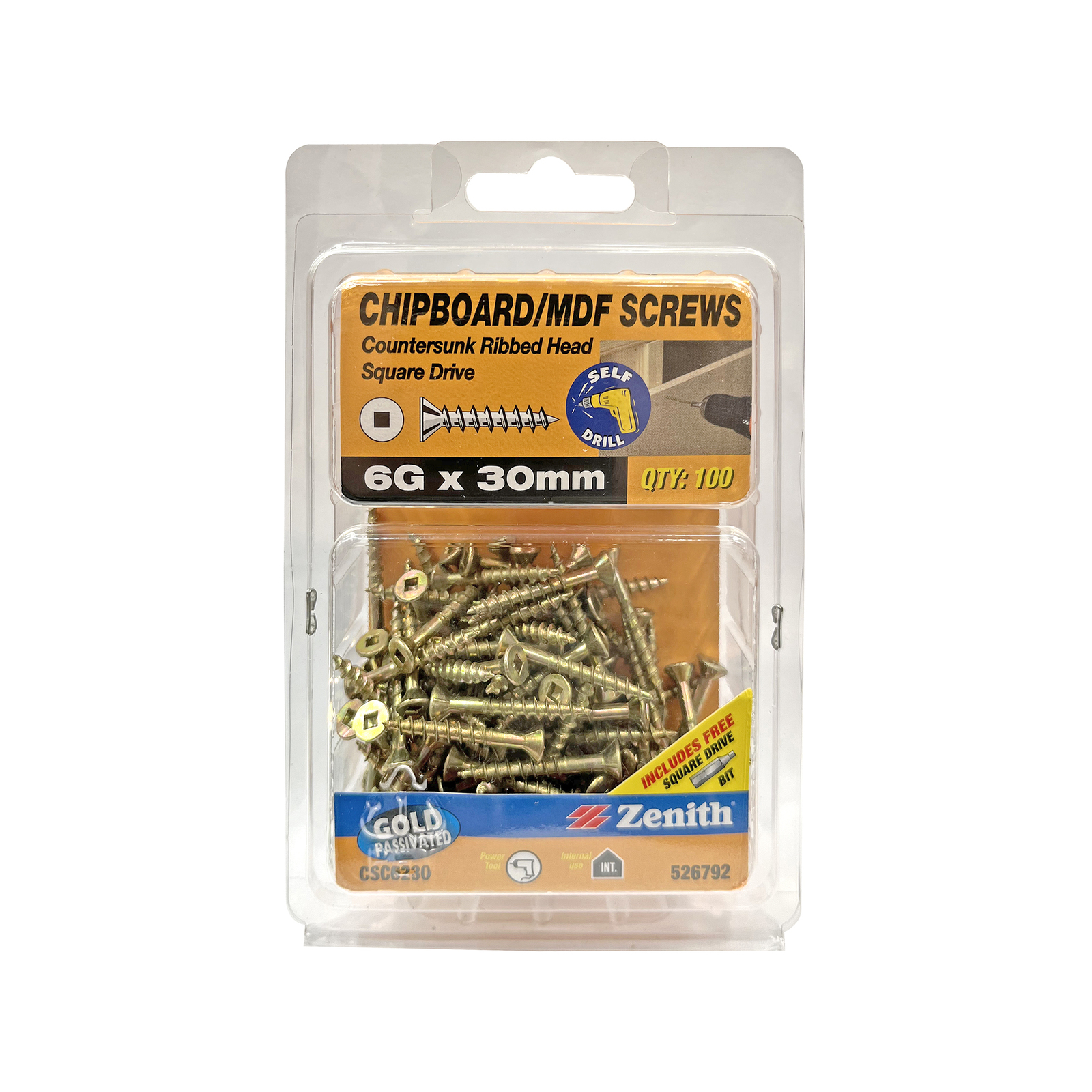 Zenith 6G x 30mm Gold Passivated Square Drive Chipboard Screw - 100 ...