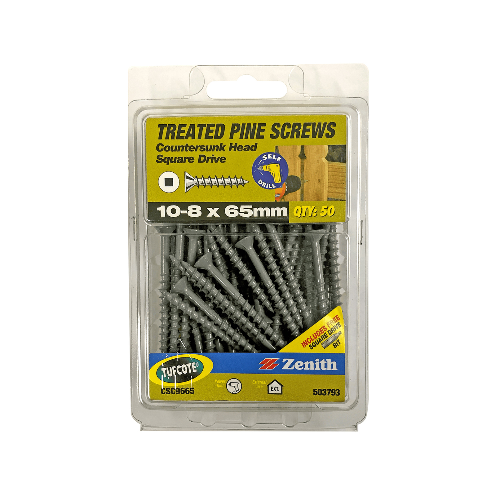 Zenith 10G x 65mm Tufcote® Square Drive Treated Pine Screw - 50 Pack ...