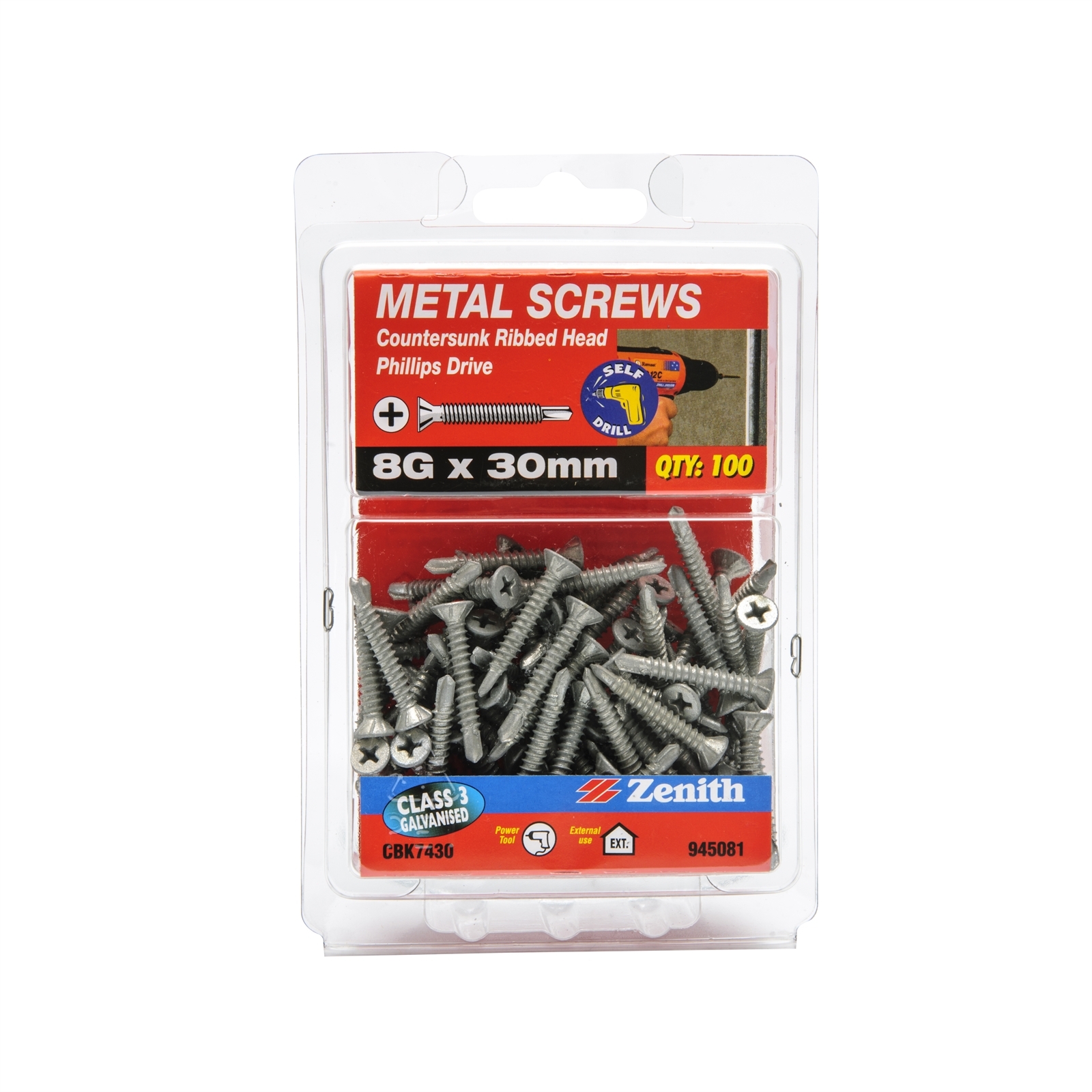 Zenith 8g x 30mm Galvanised Countersunk Ribbed Head Metal Screws - 100 ...