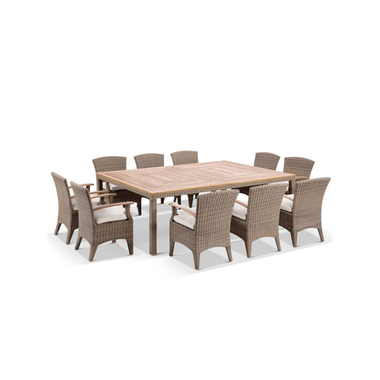 Sahara 10 Seat Outdoor Teak Top Dining Table And Kai Wicker Chairs ...