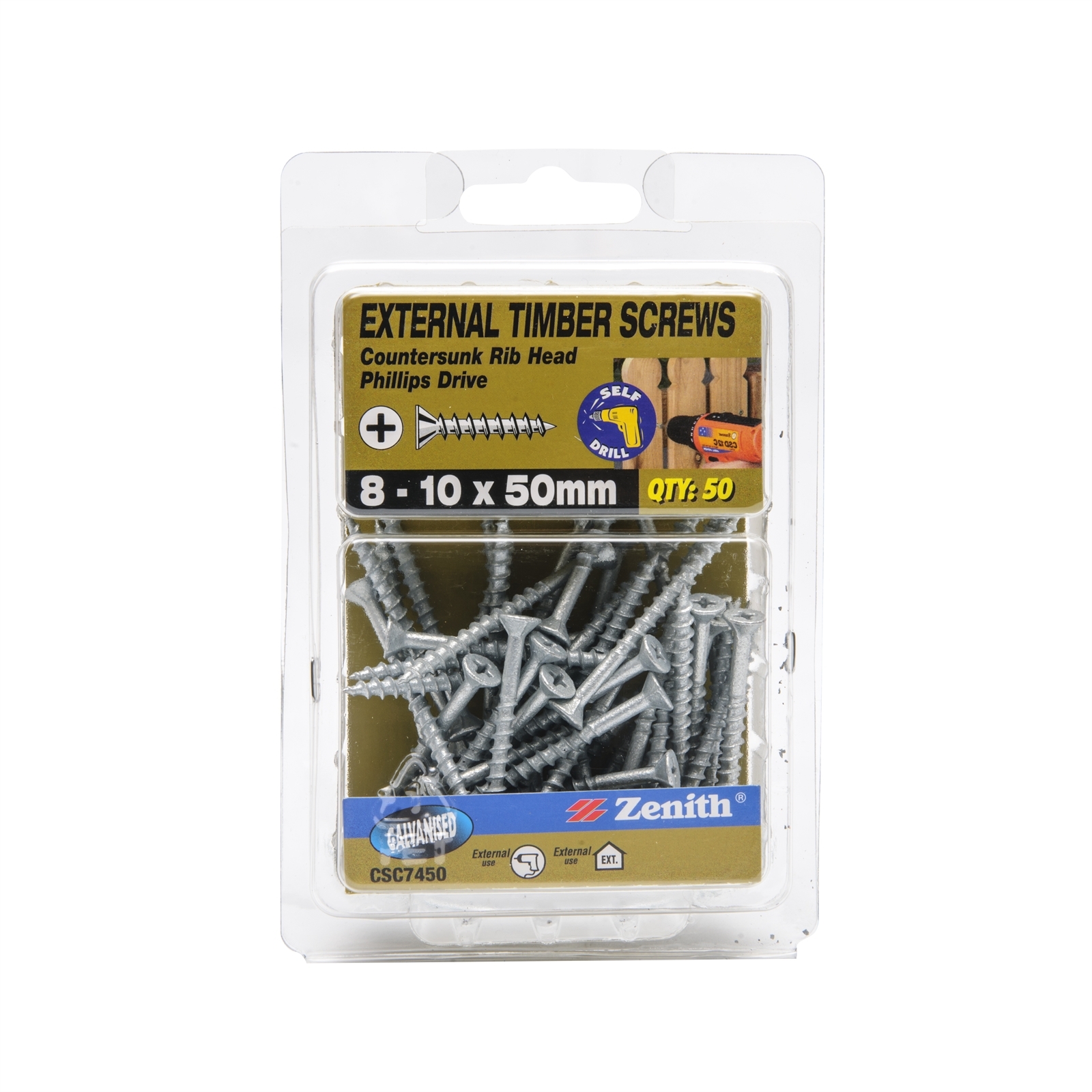 Zenith 8 - 10 x 50mm Galvanised Countersunk Rib Head Timber Screws - 50 ...