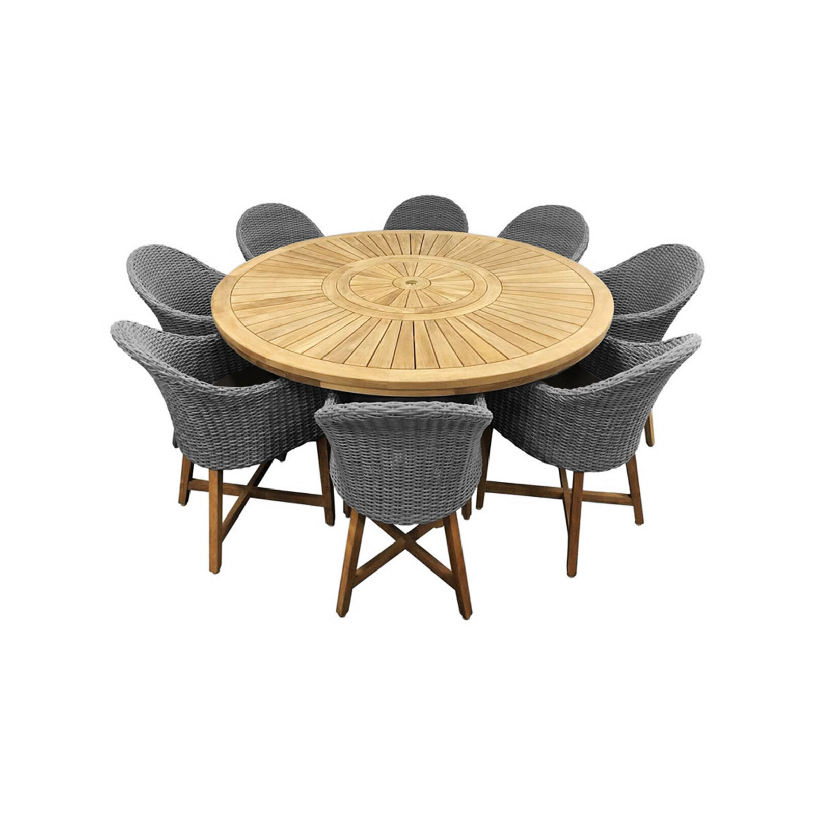 Solomon 1.8M Round Outdoor Teak Timber Dining Table With Coastal Wicker ...
