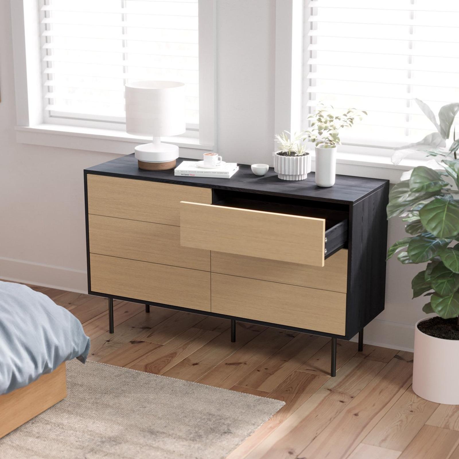 Black Six Drawer Wooden Lowboy Unit with Metal Legs - Bunnings Australia