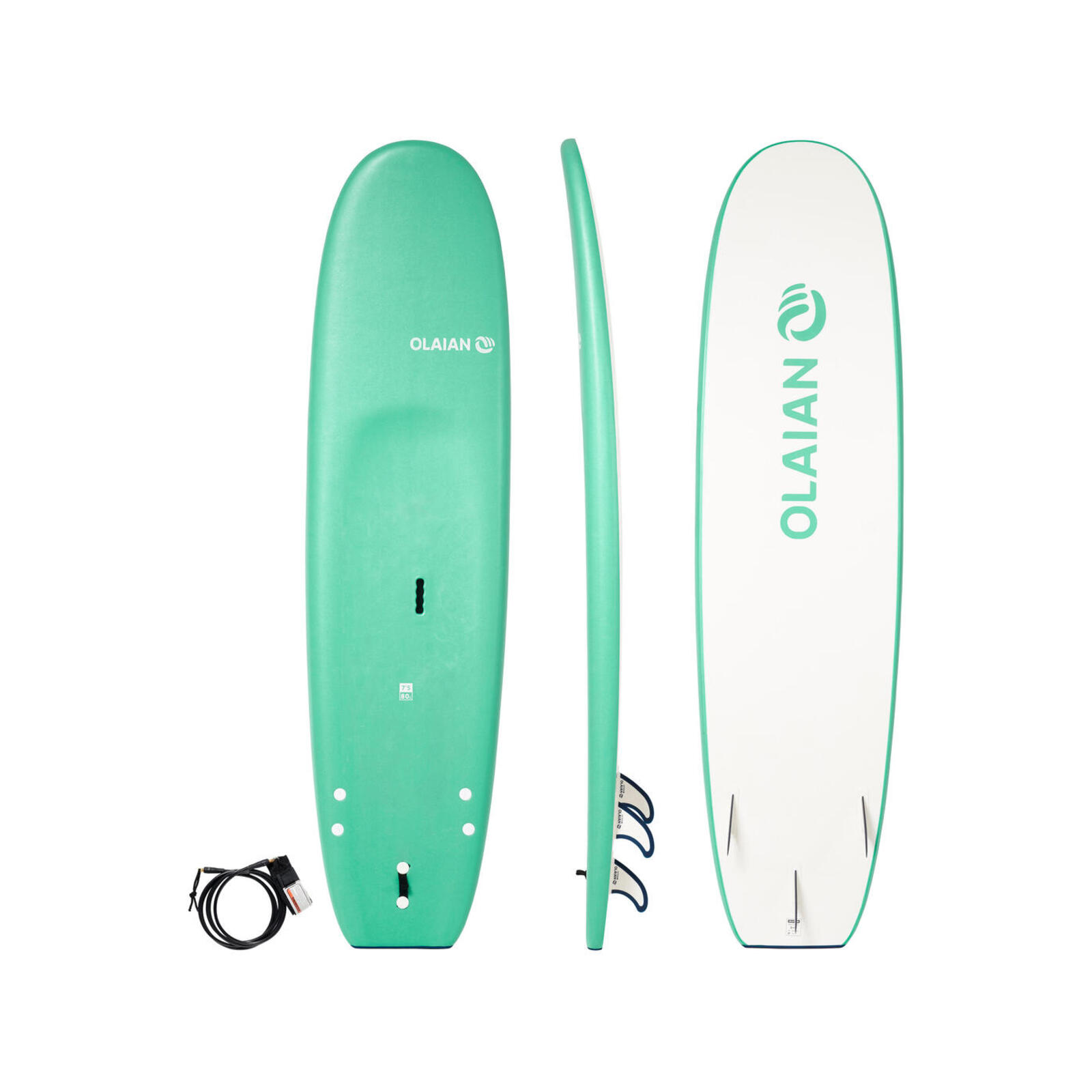 Olaian 100 Foam Surfboard 7'5" + Leash & 3 Fins - Aquamarine - Bunnings ...