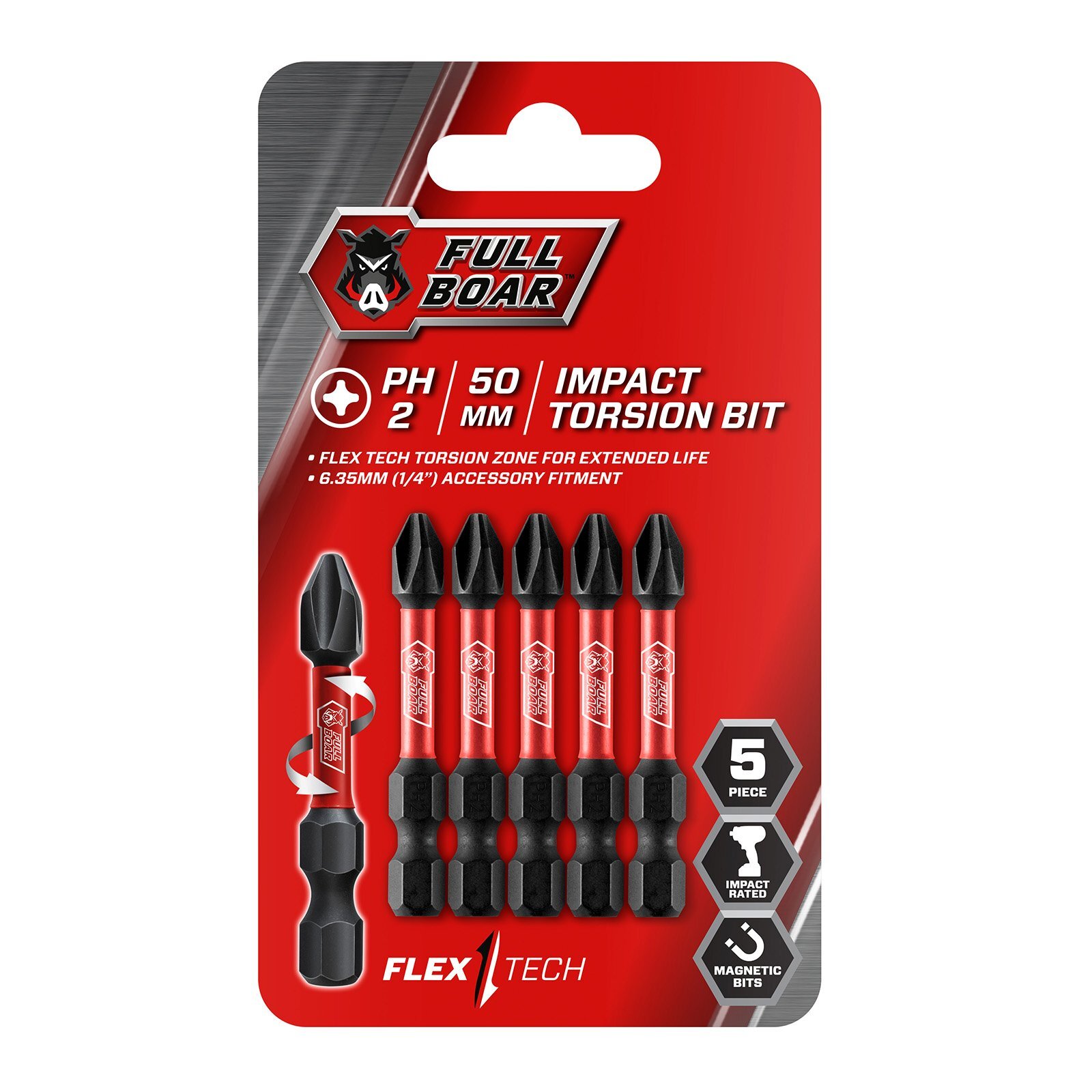 Full Boar PH2 x 50mm Impact Torsion Bit - 5 Pack - Bunnings Australia