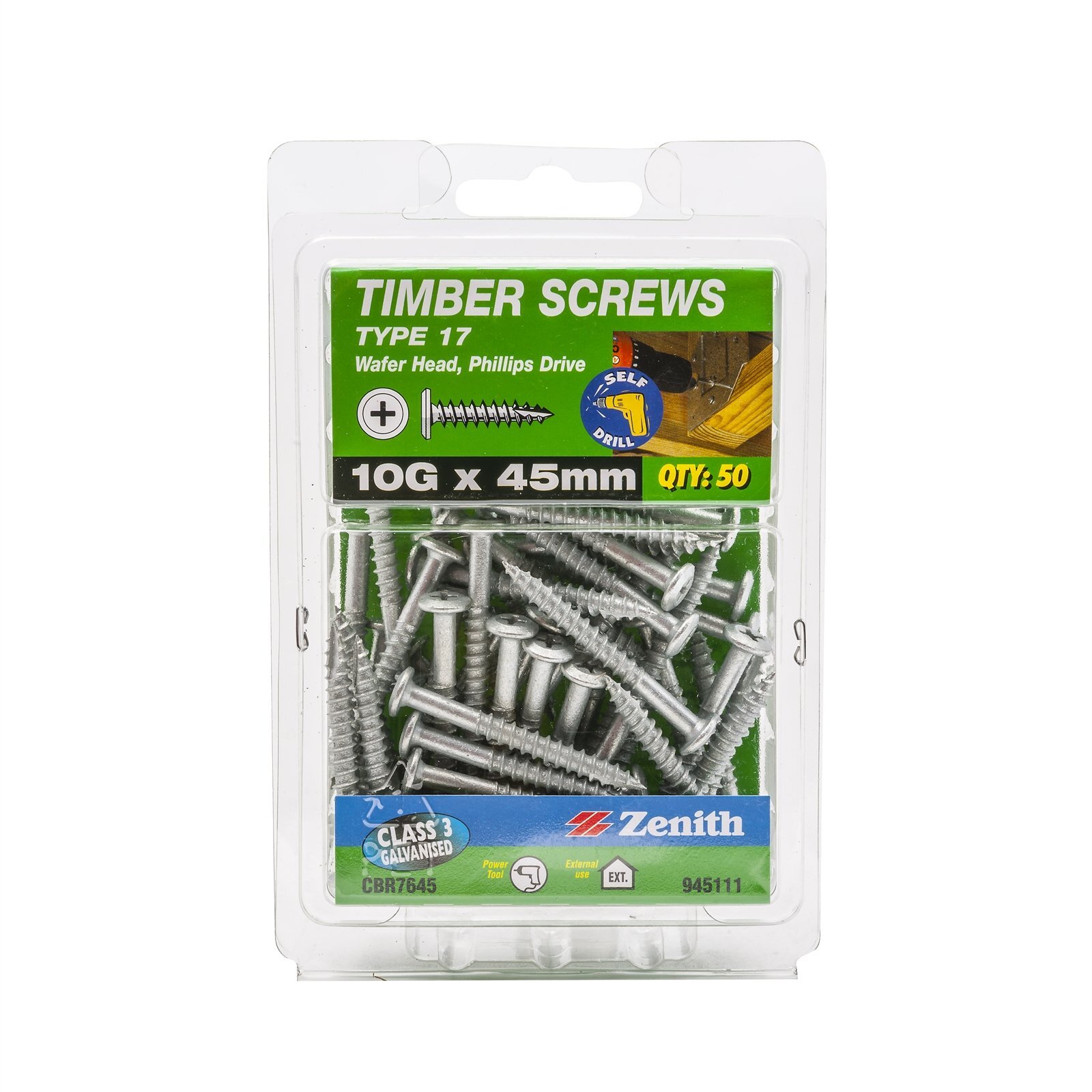 Zenith 10g x 45mm Galvanised Wafer Head Type 17 Timber Screws - 50 Pack ...