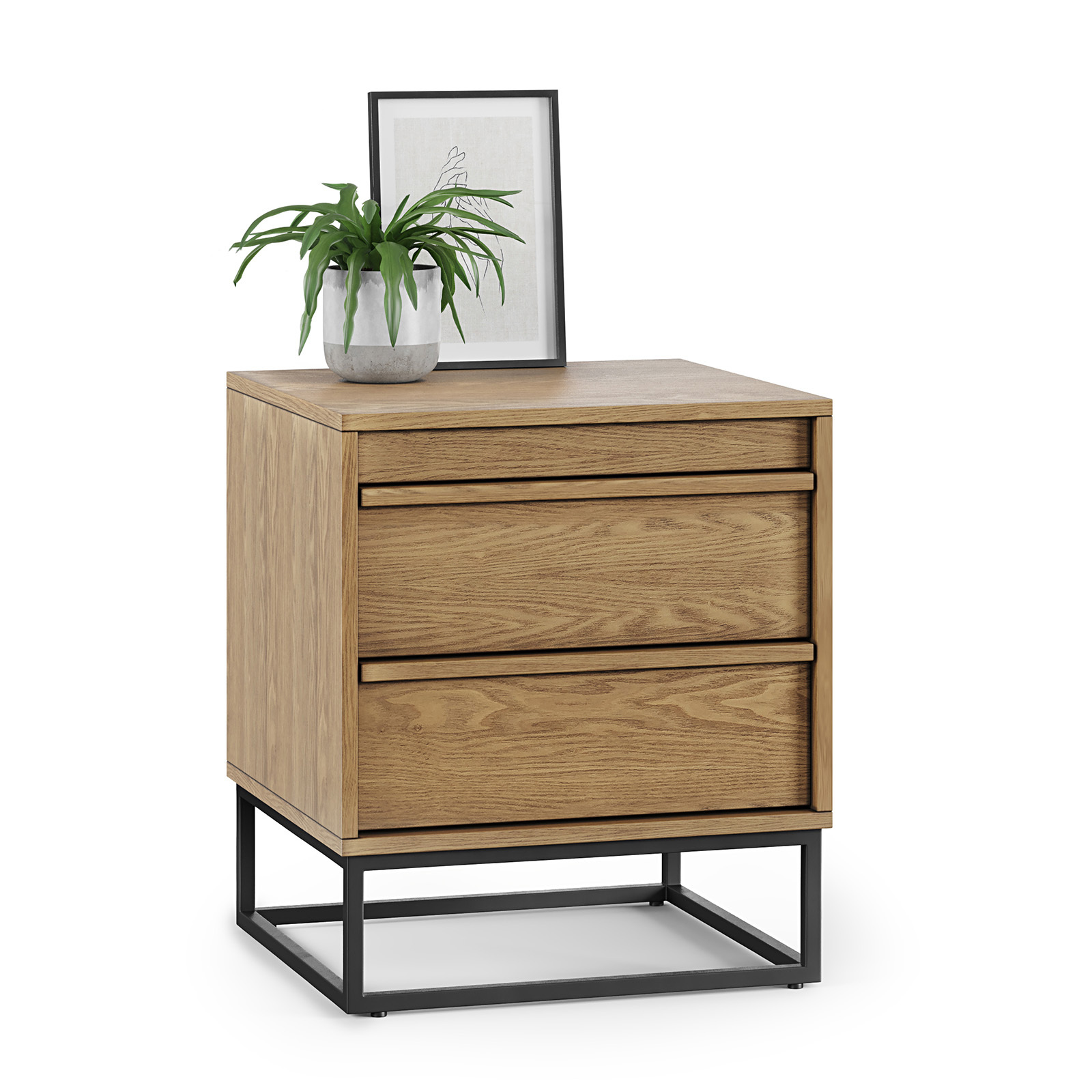 Averi 2 Drawer Oak Wood Contemporary Bedside Table with Black Frame ...