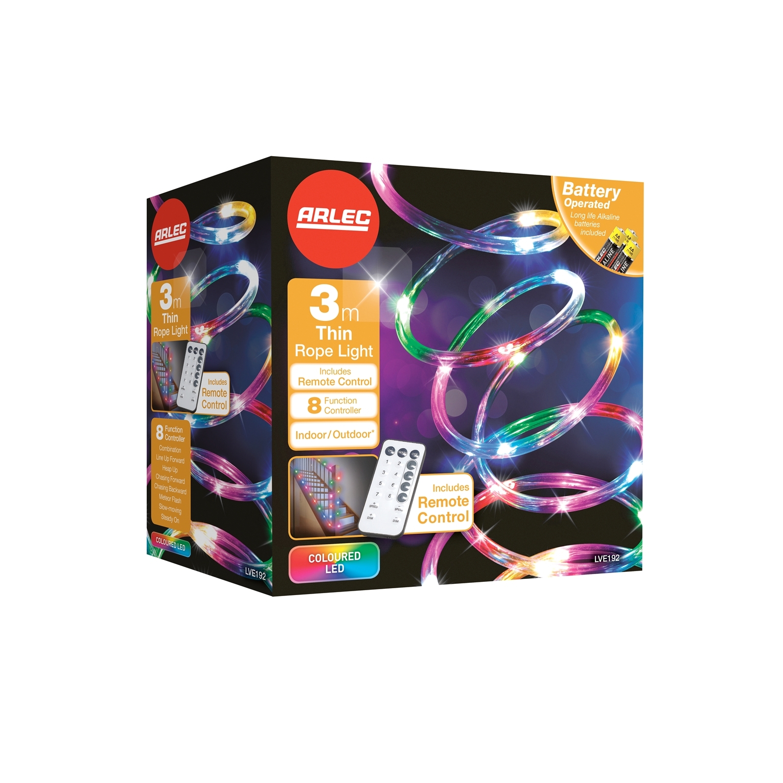 Arlec 3m Coloured Battery Operated Thin LED Rope Light with Remote ...
