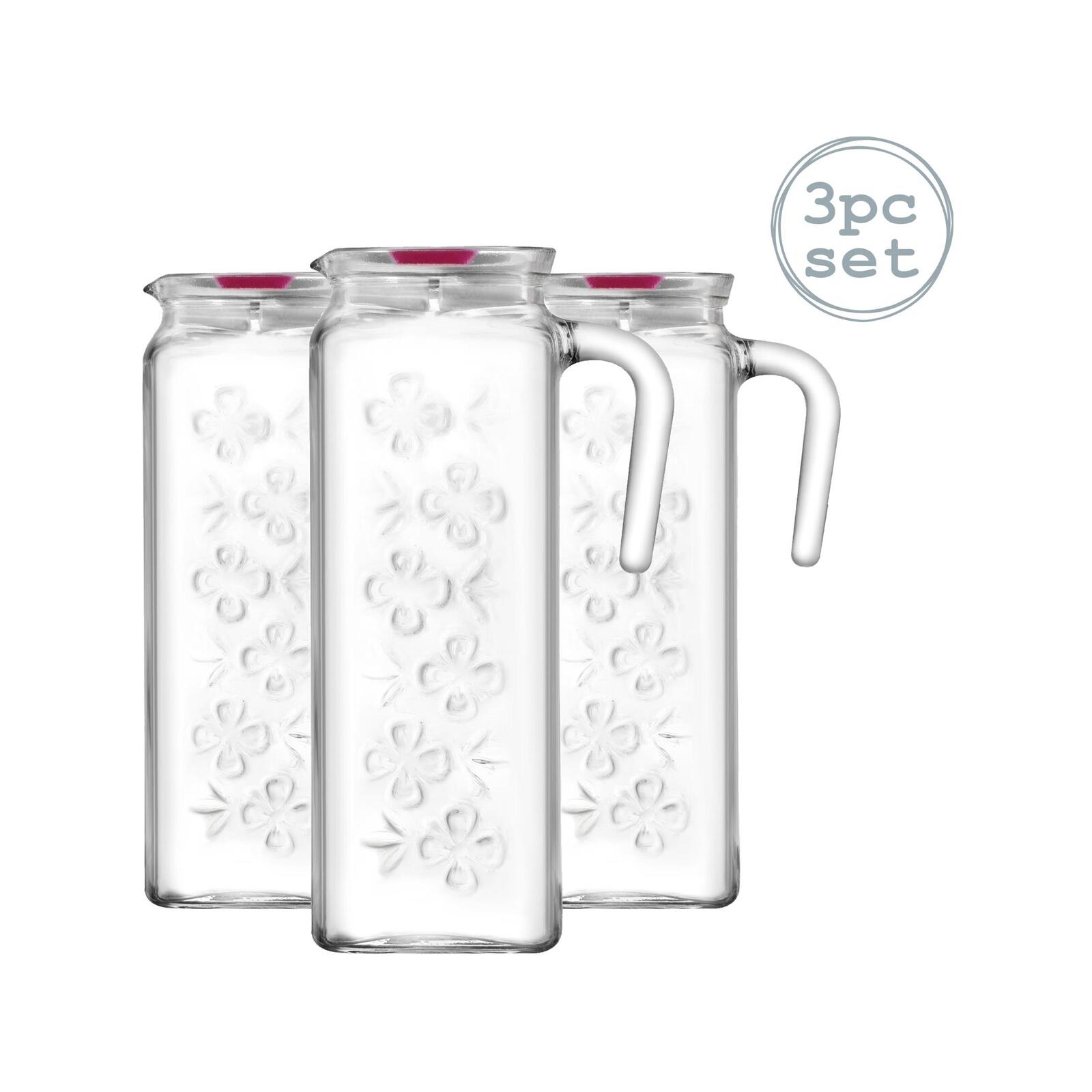 LAV 3 Piece Bloom Decorated Water Jug Set - Glass Serving Carafe with ...