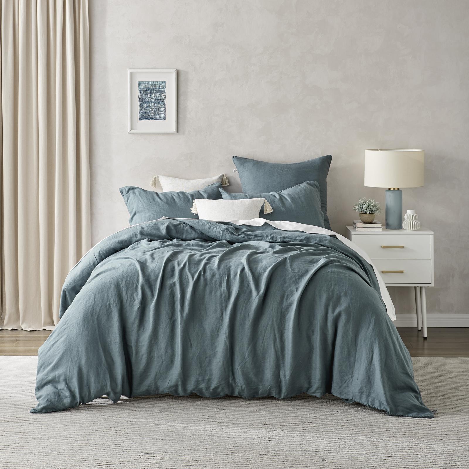 Natural Home Flax Linen Quilt Cover Set Washed Blue - Queen Bed ...