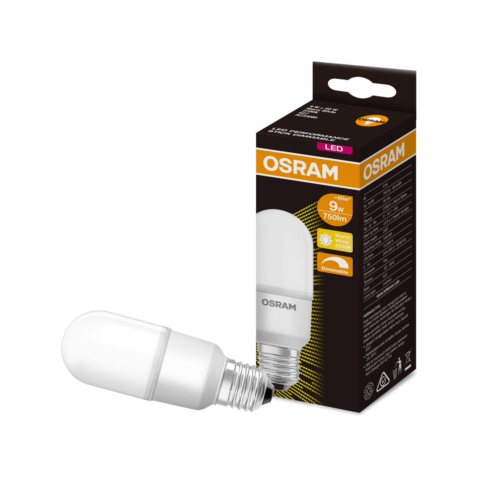 Osram Stick E27 LED 800lm Warm White 9W Dimmable Light Globe - Bunnings Australia