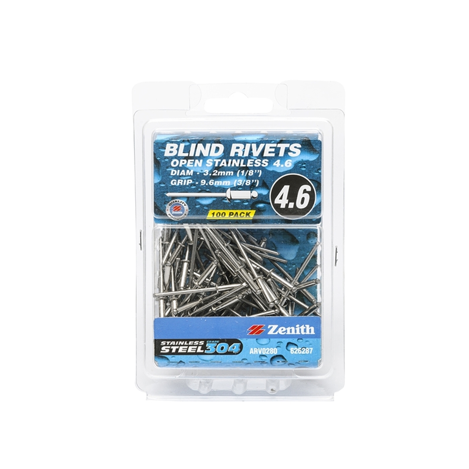 Zenith Blind Rivet Open 304SS 1/8"D x 3/8"G 100pk - Bunnings New Zealand