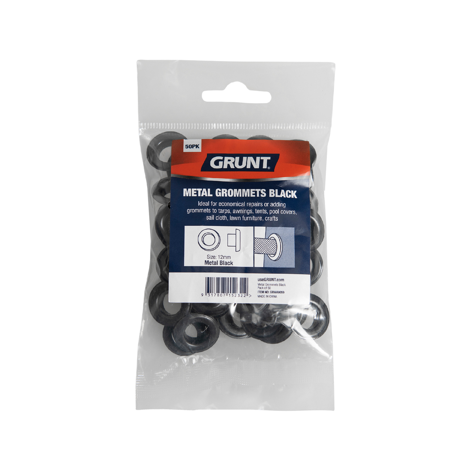 Grunt 12mm Black Webbing Grommets - 50 Pack - Bunnings Australia