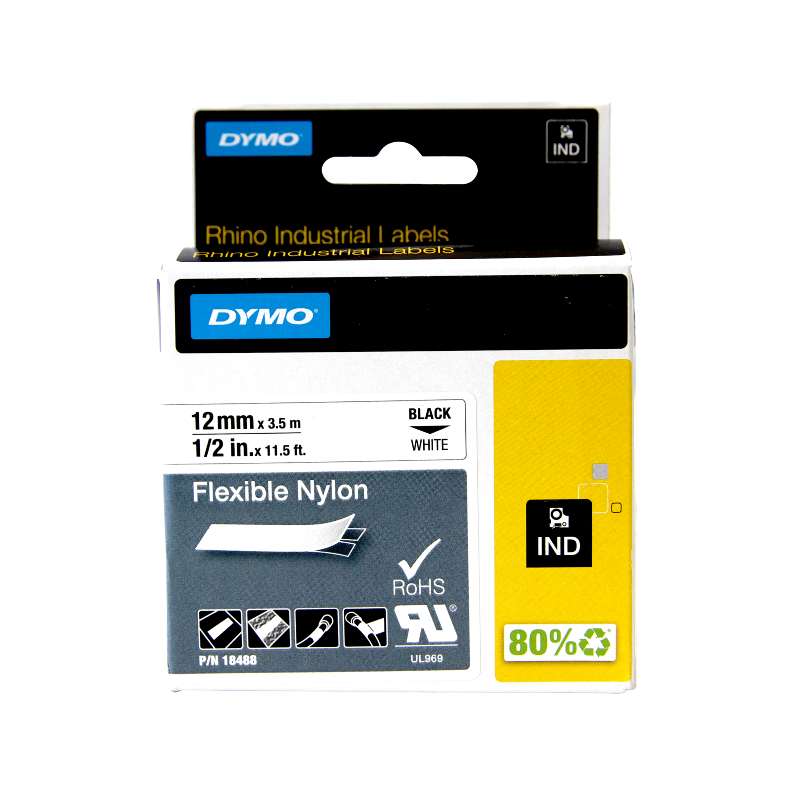 DYMO 12mm Black On White Flexible Nylon Rhino Industrial Labels ...