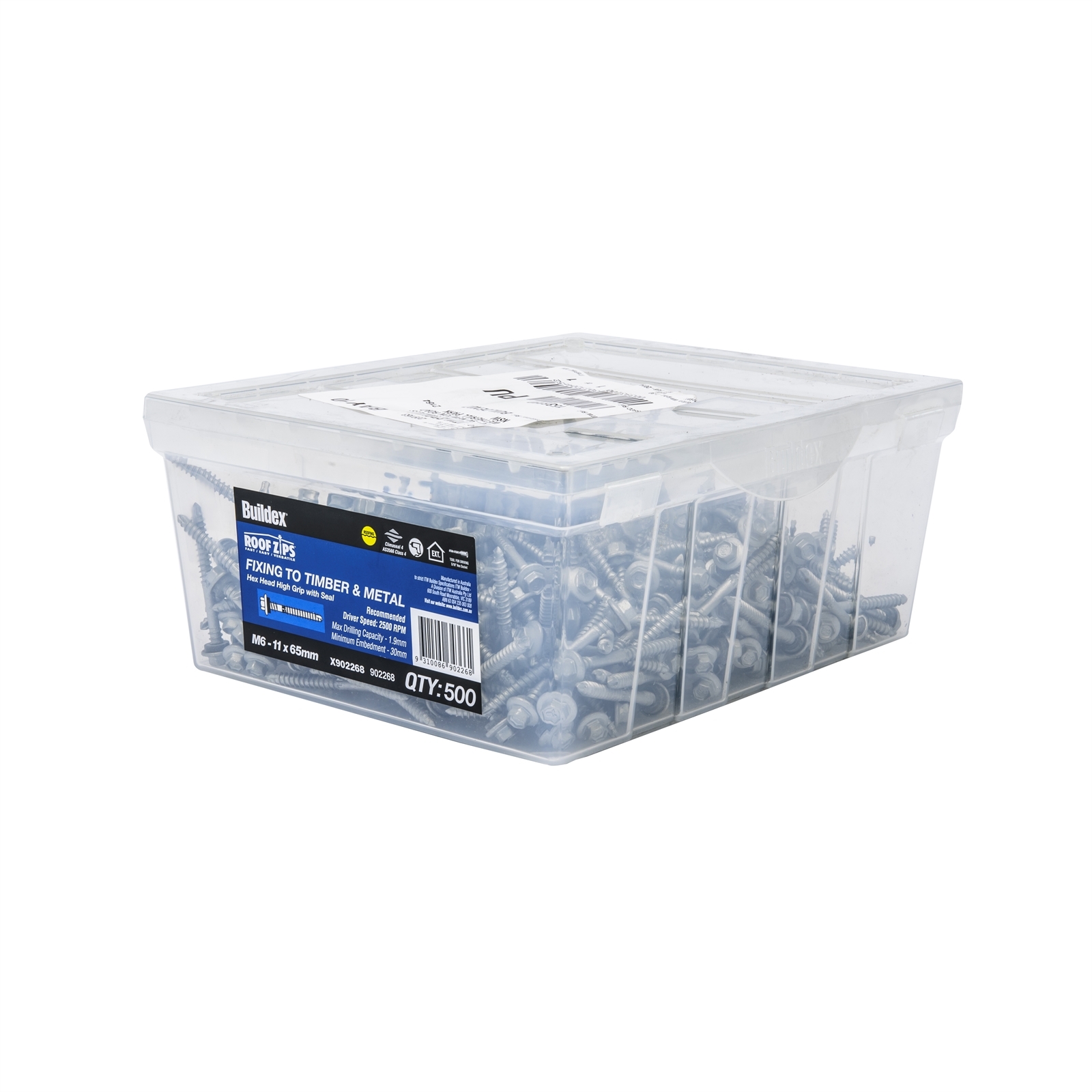 Buildex 11 x 65mm M6 Hex Head With Seal Roof Zip Screws - 500 Box ...