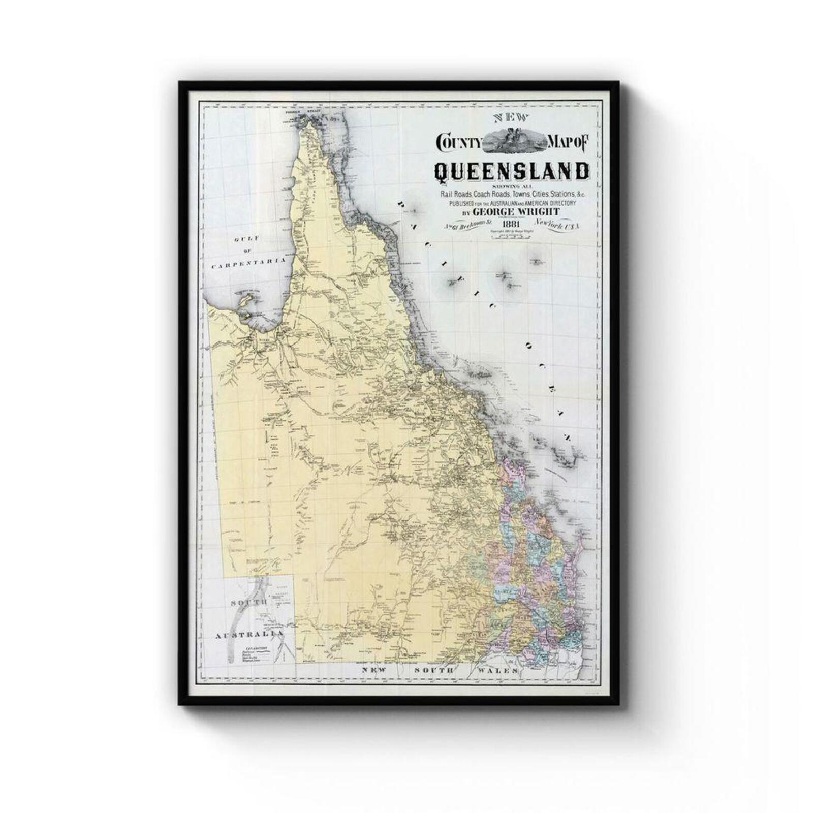 Queensland Australia Vintage Map Wall Art - Bunnings Australia