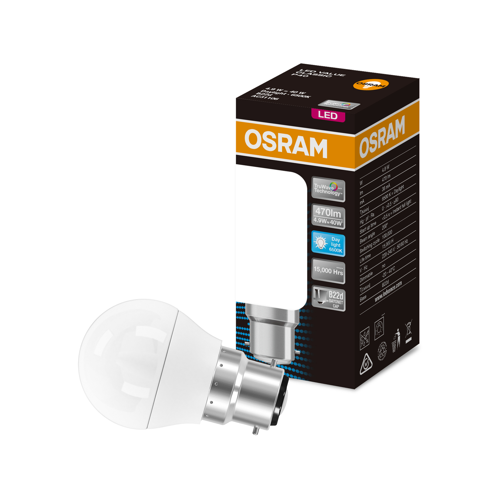 Osram Fancy Round BC LED 470lm Day Light Frosted 4.9W Light Globe ...