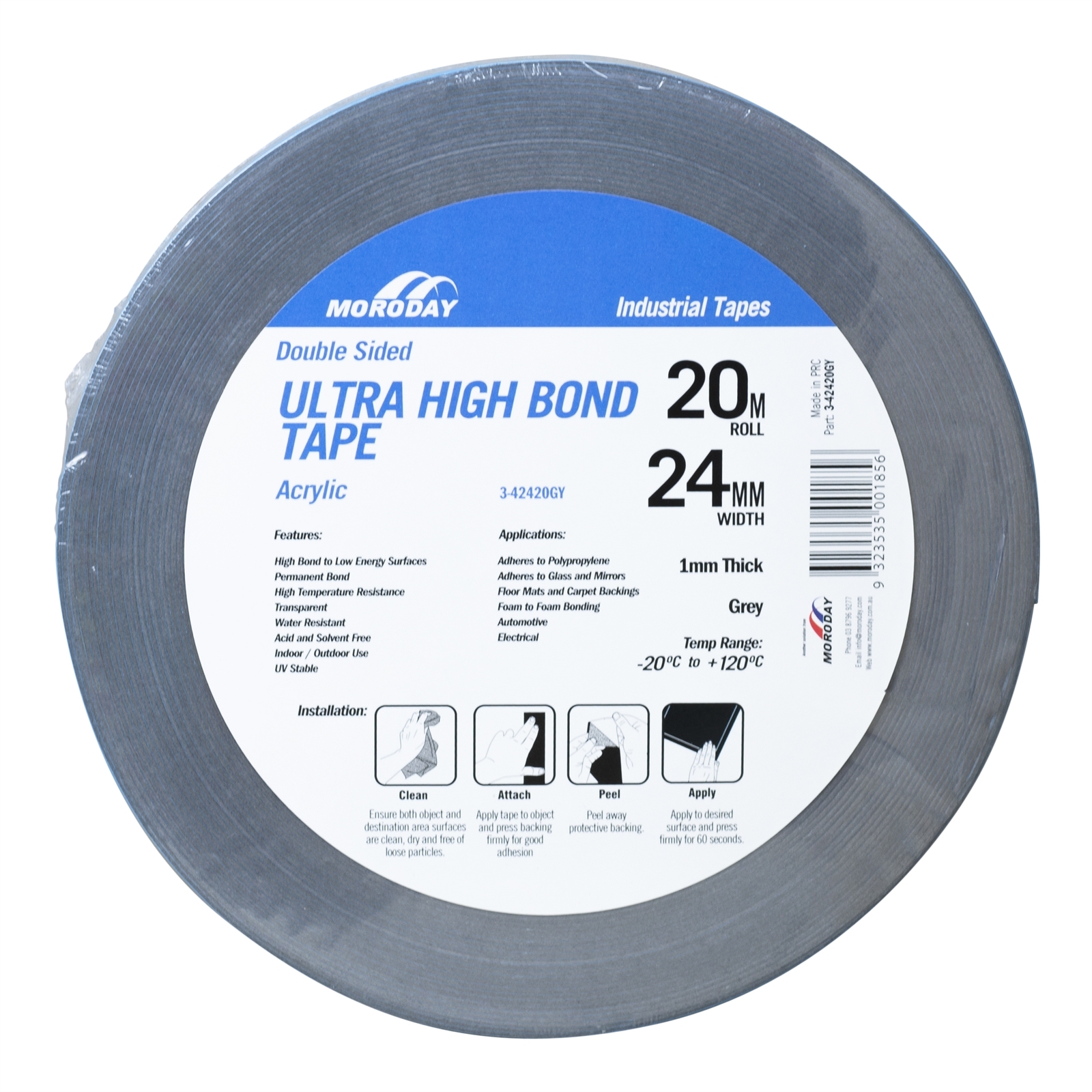 Moroday 24mm x 20m Grey Double Sided Ultra High Bond Acrylic Tape ...