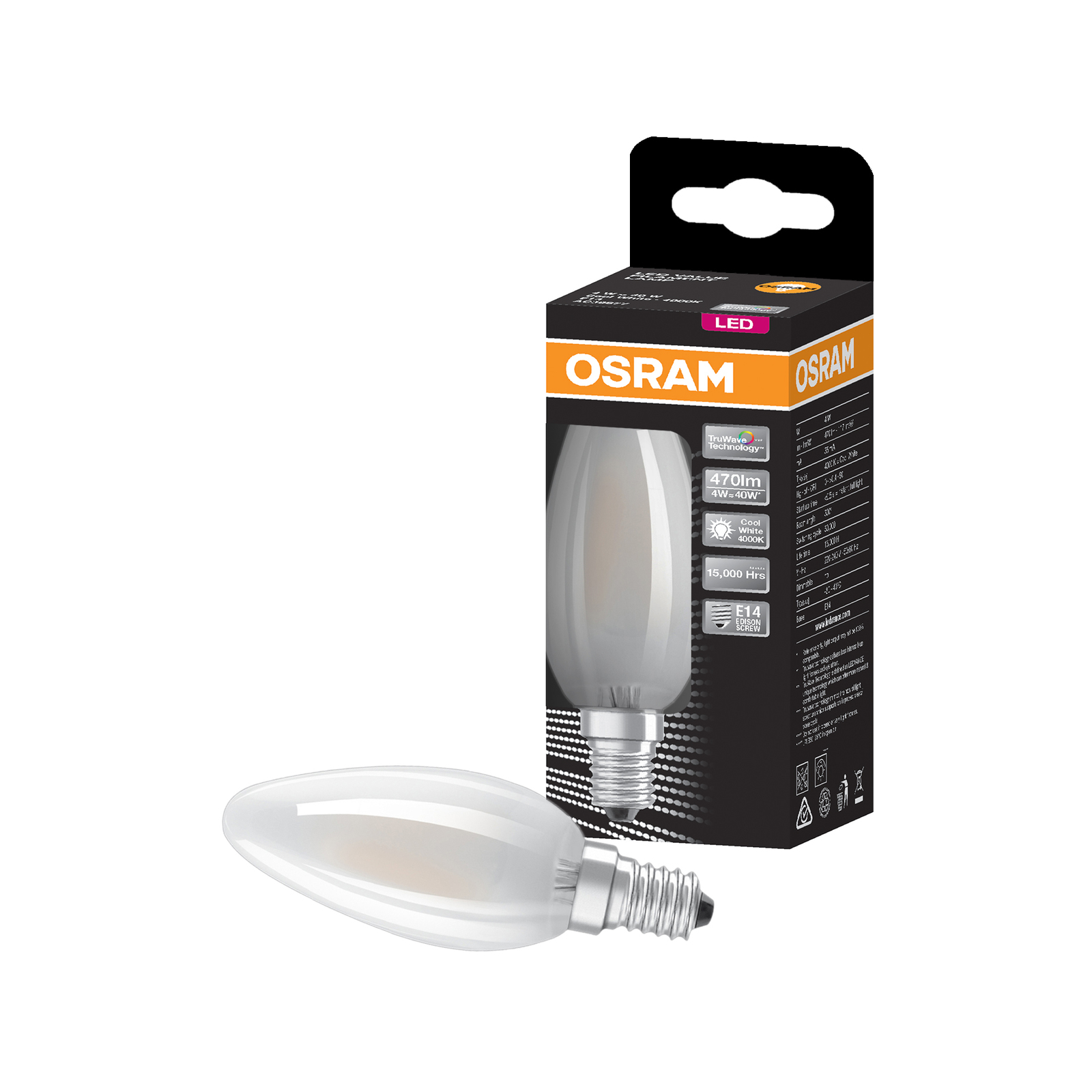 Osram 4W 470lm Cool White Frosted Filament LED Candle E14 Globe ...