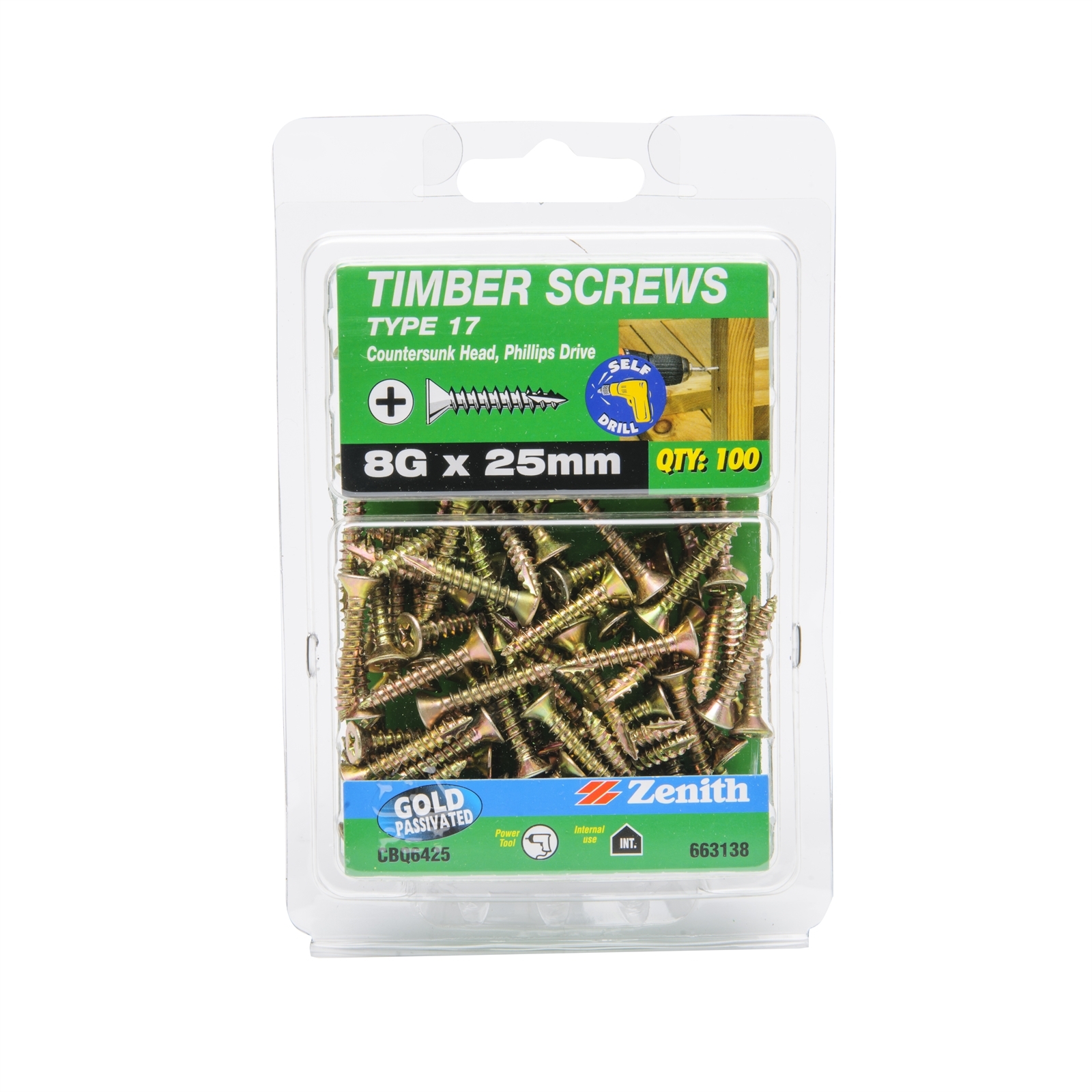 Zenith 8G x 25mm Gold Passivated Type 17 Countersunk Head Timber Screws ...