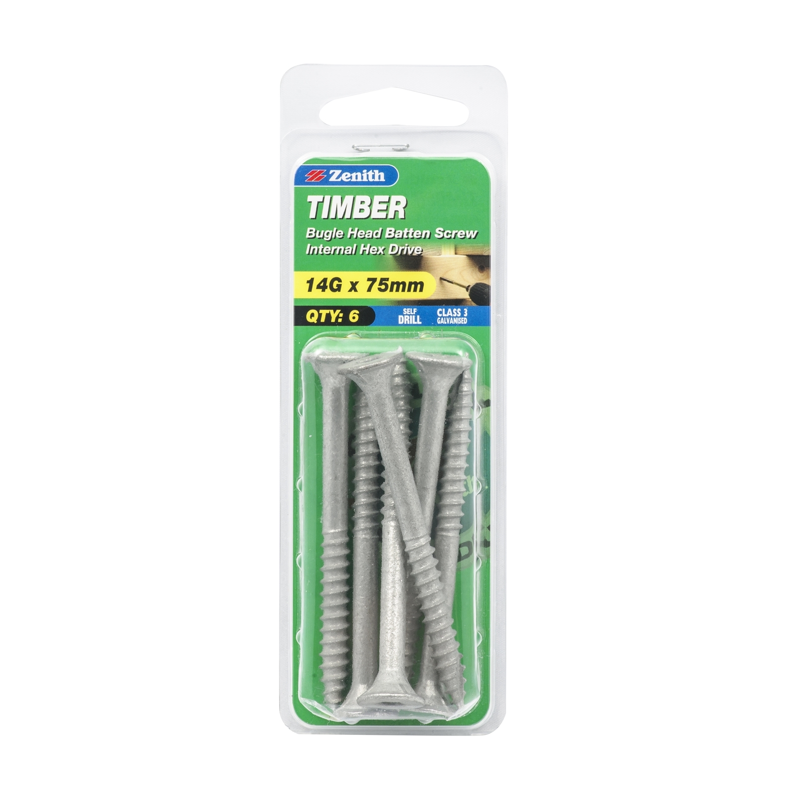 Zenith 14G x 75mm Galvanised Bugle Head Batten Timber Screws - 6 Pack ...