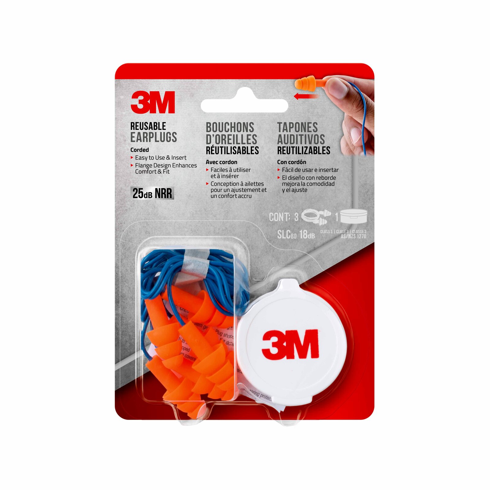 3M™ Corded Reusable Earplugs With Case - 3 Pairs - Bunnings Australia