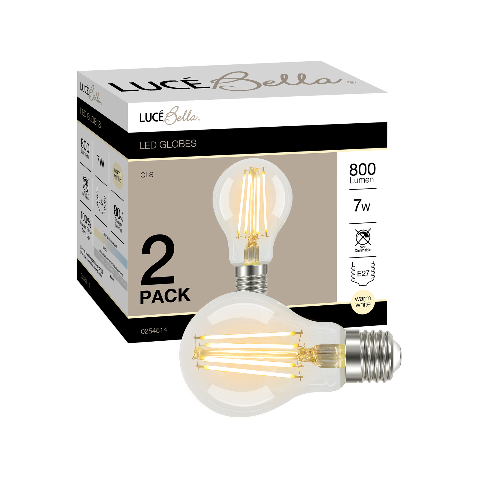 Luce Bella GLS Filament E27 LED 800lm Warm White 7W Globe - 2 Pack ...