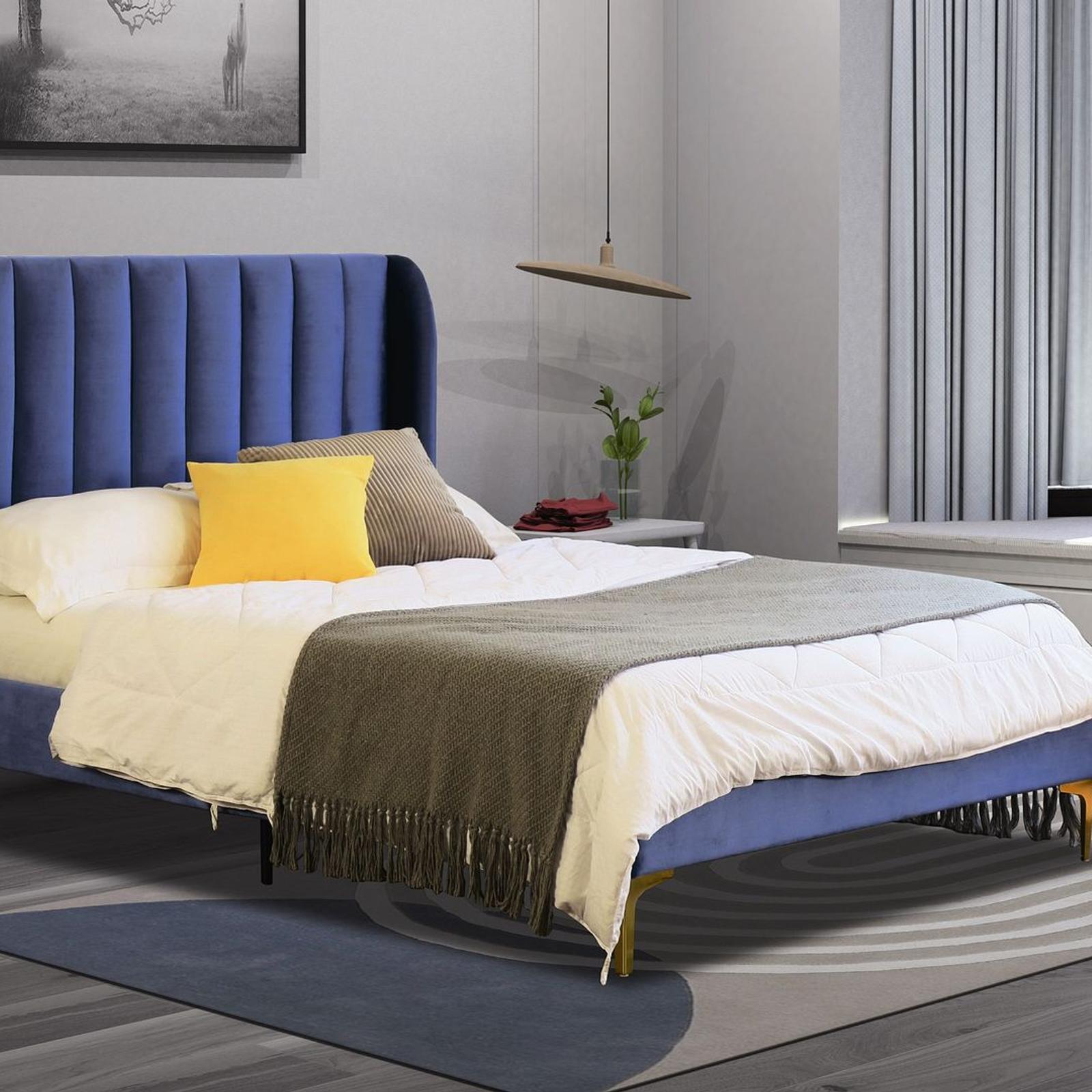 Istyle Modern Classic Herman King Single Velvet Bed Frame Blue with ...