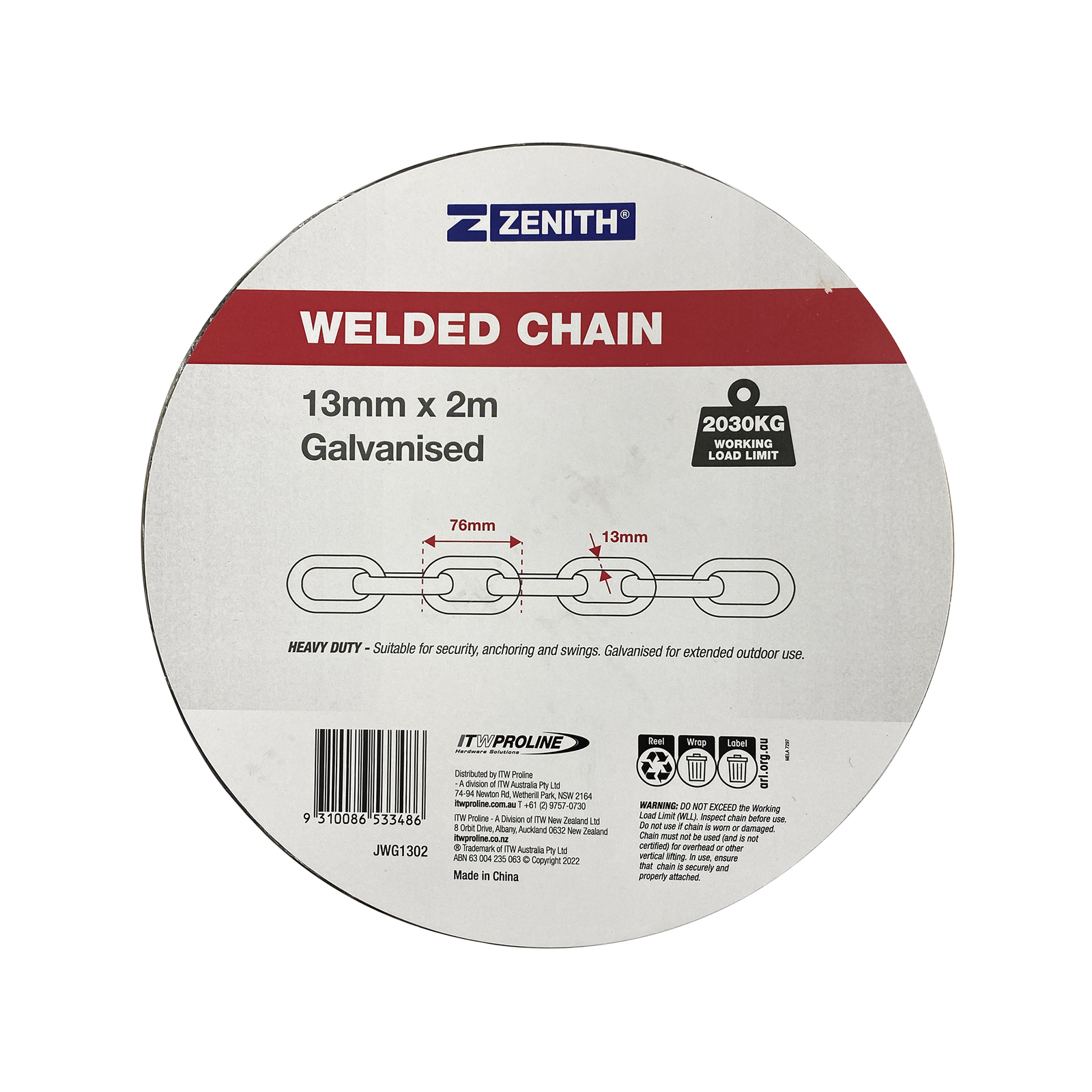 Zenith 13mm x 2m Galvanised Chain - Bunnings New Zealand