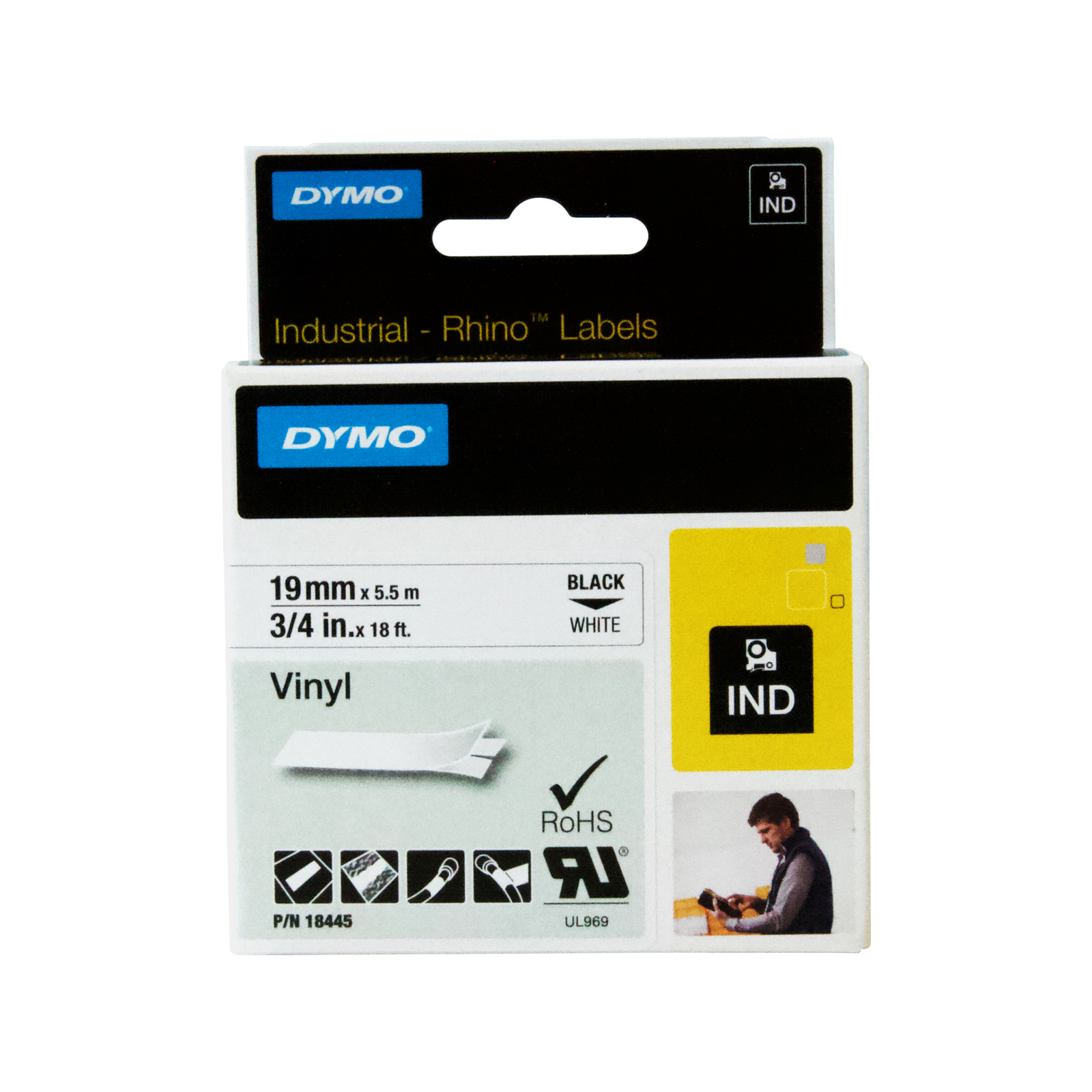 DYMO 19mm Black On White Vinyl Rhino Industrial Labels - Bunnings Australia