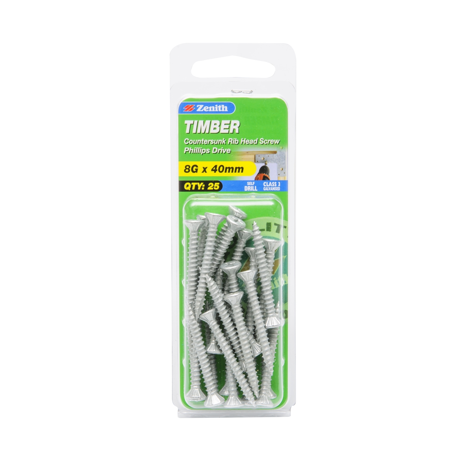 Zenith 8G x 40mm Galvanised Countersunk Rib Head Timber Screws - 25 ...