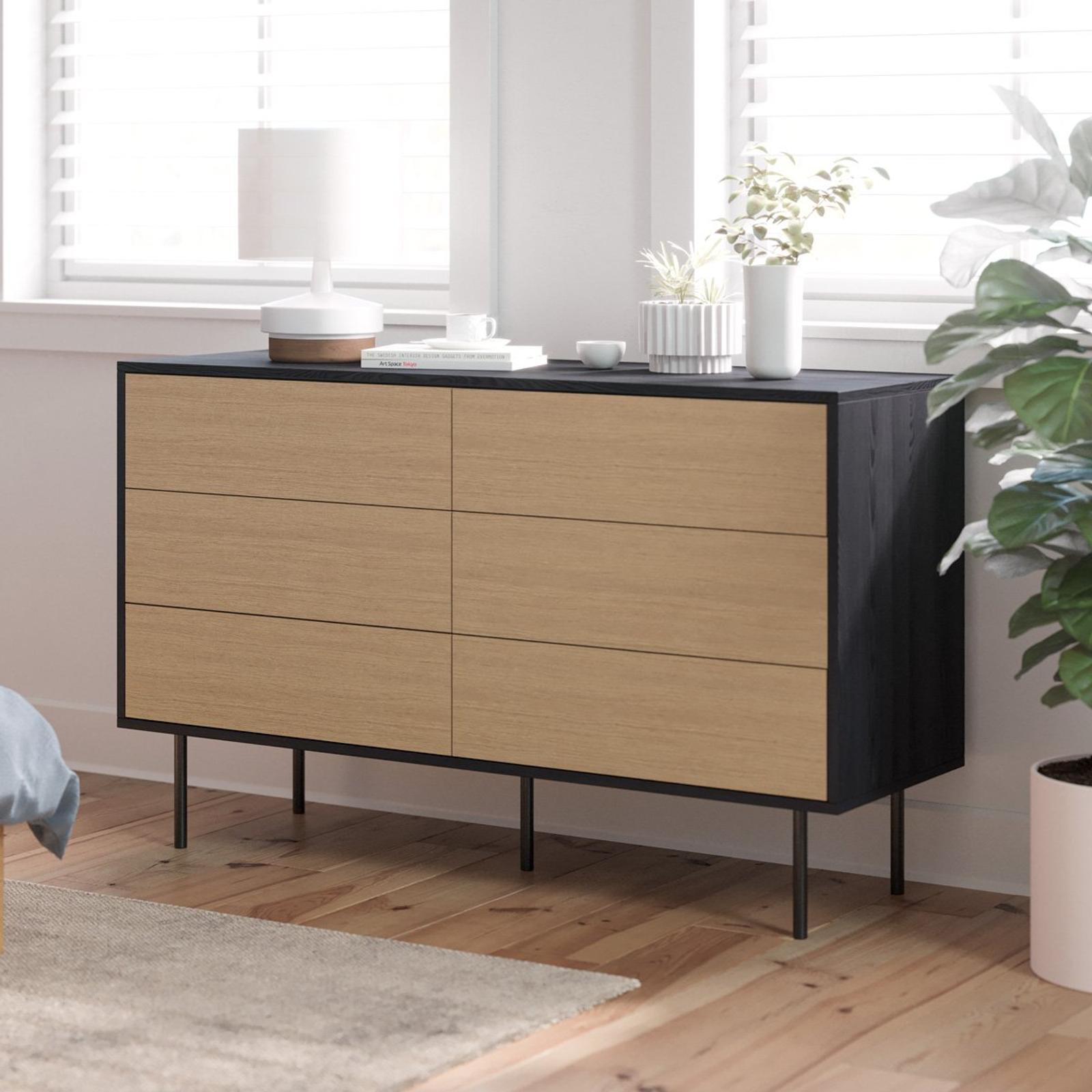 Black Six Drawer Wooden Lowboy Unit with Metal Legs - Bunnings Australia