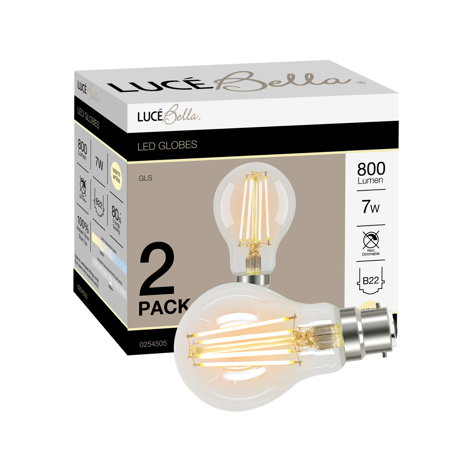 Luce Bella GLS Filament B22 LED 800lm Warm White 7W Globe - 2 Pack ...