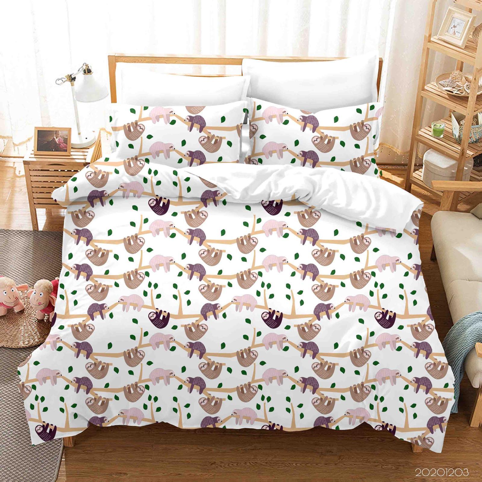 3D Cartoon Hand Drawn Cute Sloth Plant Illustration Animal Quilt Cover ...