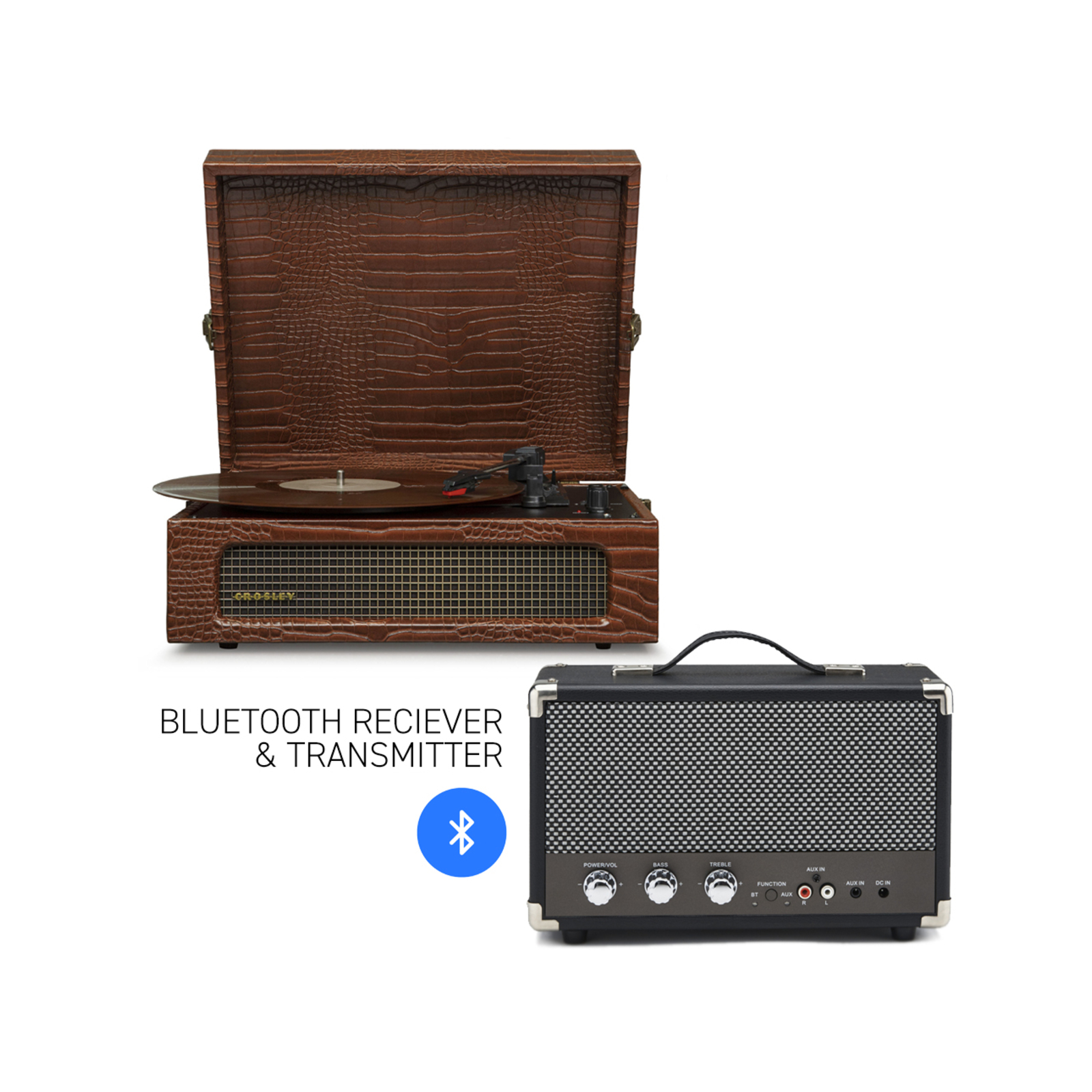 Crosley Voyager Bluetooth Portable Turntable - Brown Croc + Bundled GPO ...