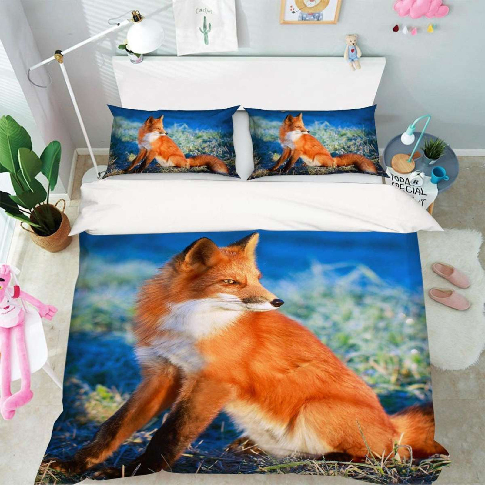 3D Animal Orange Fox 38 Bed Pillowcases Quilt Queen Size - Bunnings ...